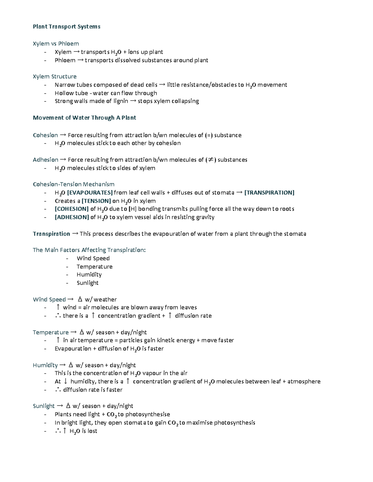 Biology Notes - Plant Transport Systems Xylem vs Phloem - Xylem → ...