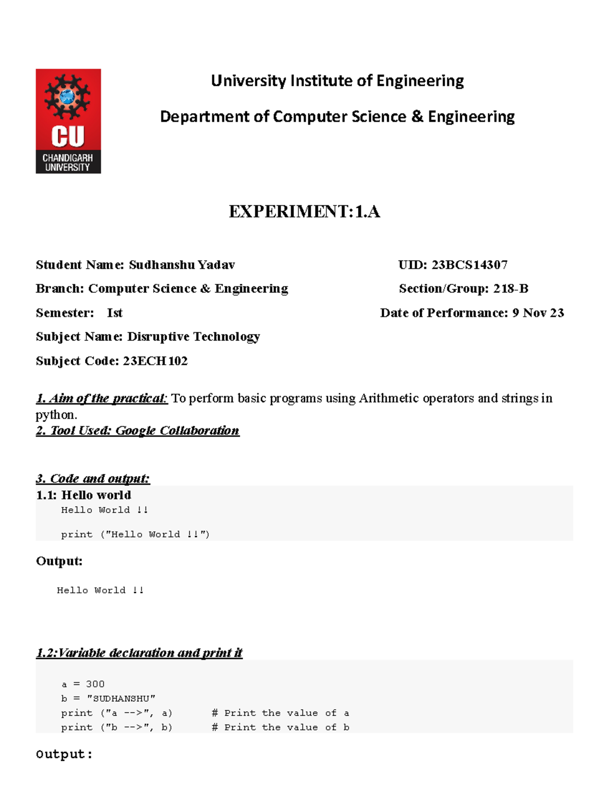DT EXP 1 - python - Department of Computer Science & Engineering EXPERIMENT:1 Student Name ...