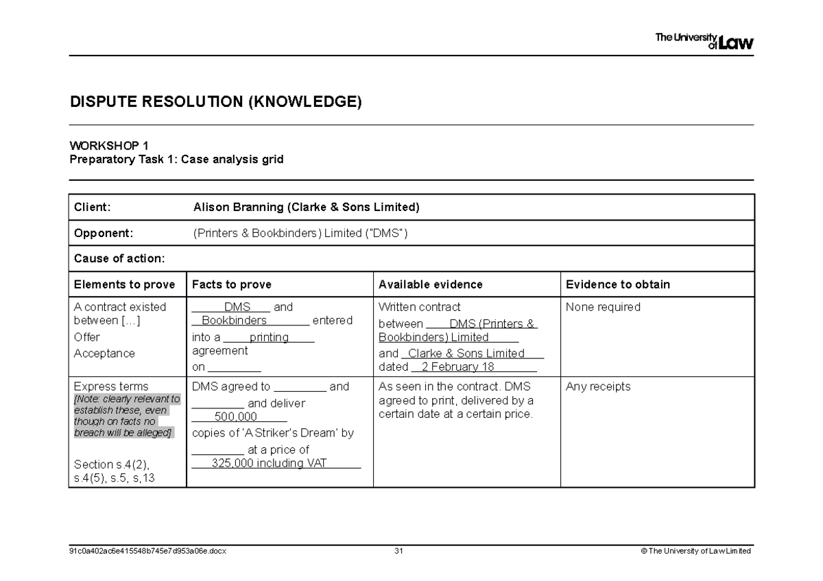 GRID FOR THE PARTICULARS OF CLAIM AND CLAIM FORM - DISPUTE RESOLUTION ...