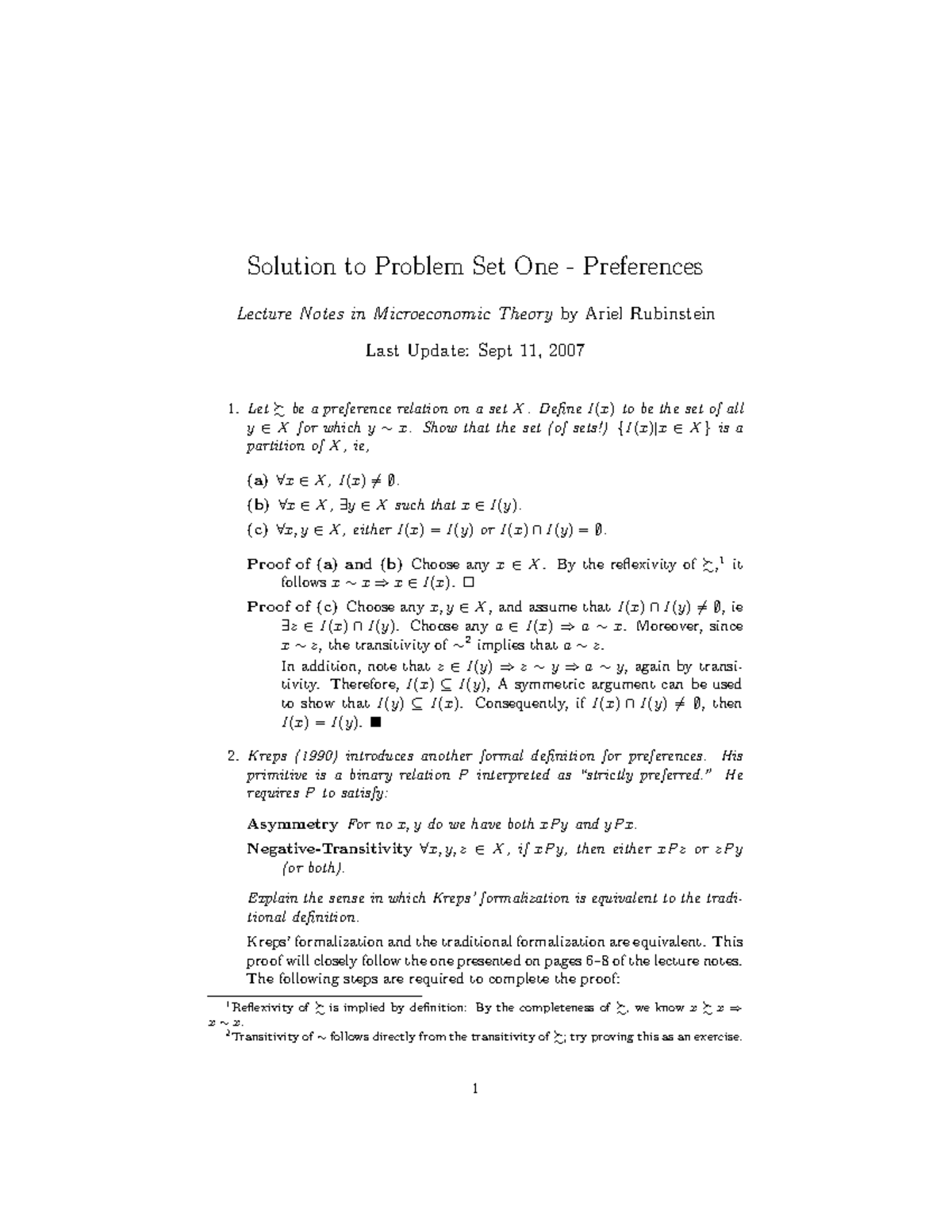 PS1 - Ariel rubinstein solution for 2011 problem set - Solution to Problem Set One - Preferences ...