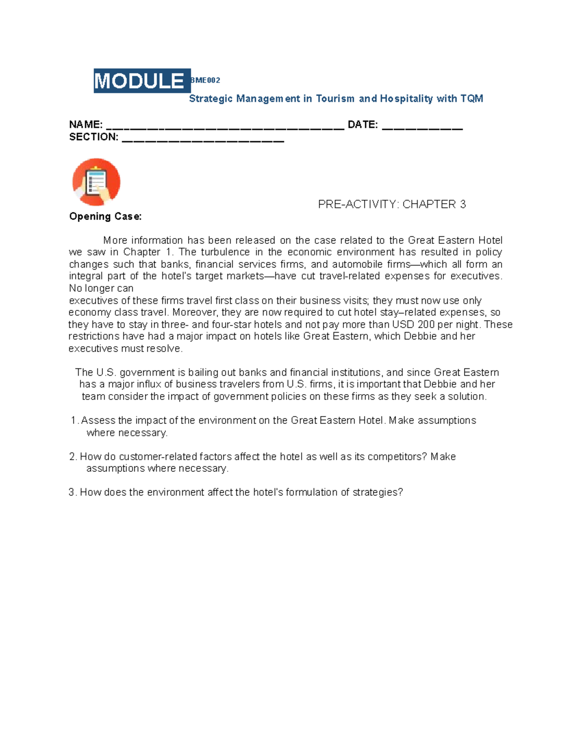 PRE- Activity Chapter 3 BME - MODULE BME Strategic Management in Tourism and Hospitality with ...