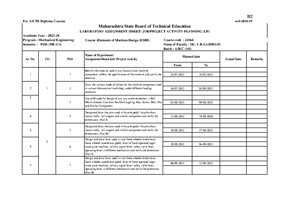 Practical Plan EMD 22564 - D Course :Elements of Machine Design (EMD ...