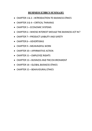 Business Ethics Summary - BUSINESS ETHICS SUMMARY • CHAPTER 1 & 2 ...