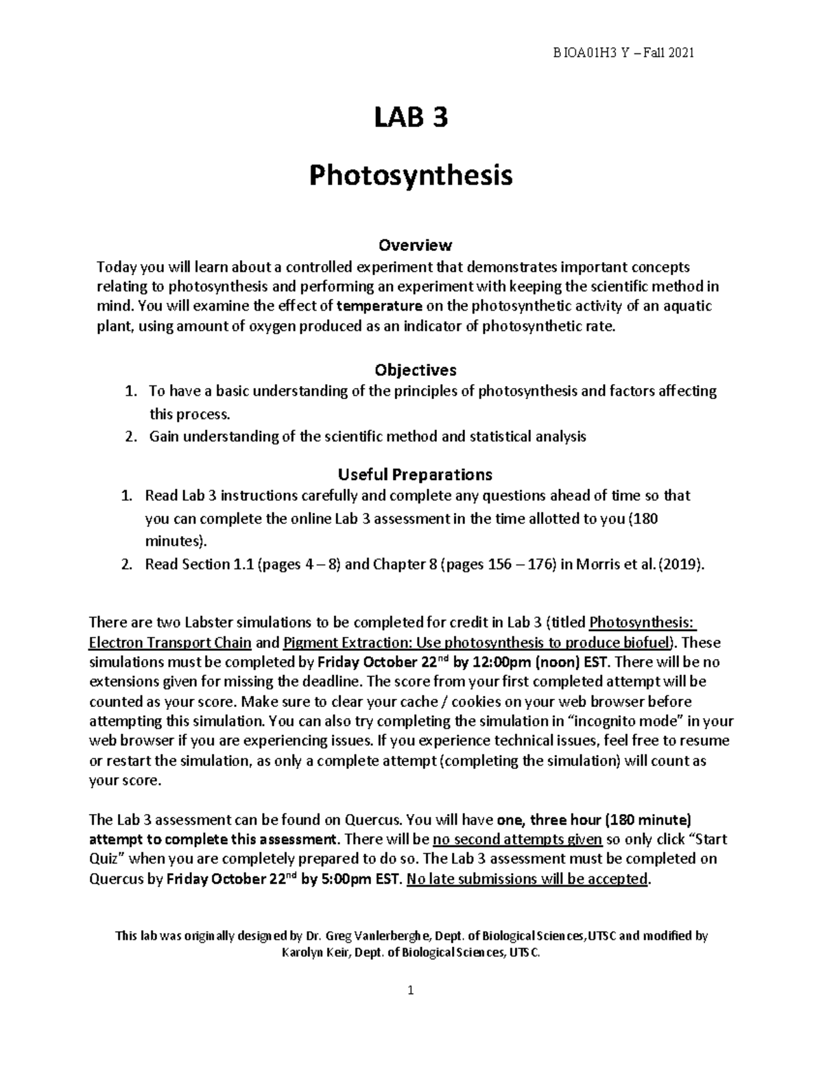 BIOA01 Lab 3 Photosynthesis F2021 - LAB 3 Photosynthesis Overview ...