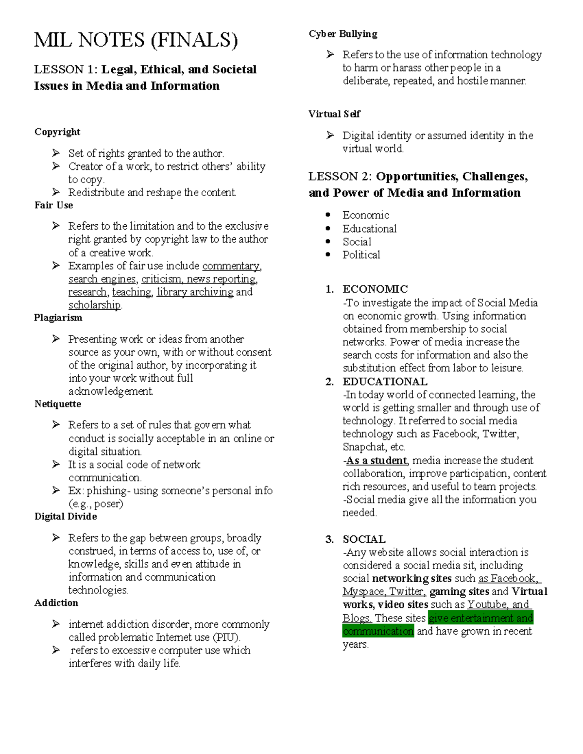 MIL Notes (finals) - MIL NOTES (FINALS) LESSON 1: Legal, Ethical, and ...