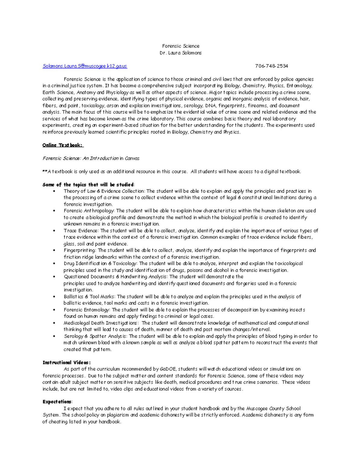 Forensic Science Syllabus 2023 - Forensic Science Dr. Laura Solomons ...