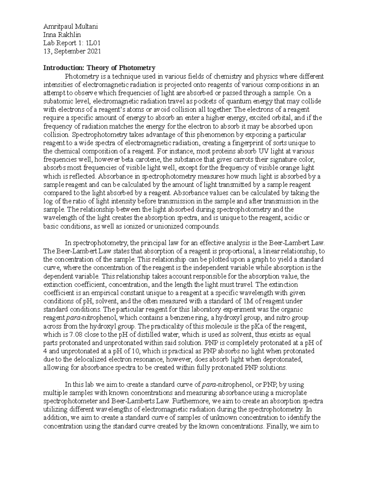 BIOL301 Lab- Lab Report 1 - Amritpaul Multani Inna Rakhlin Lab Report 1 ...