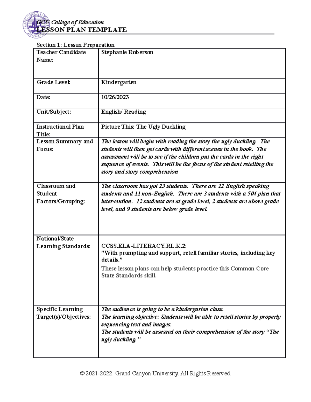 Week5 assign 1 - Discussion - LESSON PLAN TEMPLATE Section 1: Lesson Preparation Teacher ...