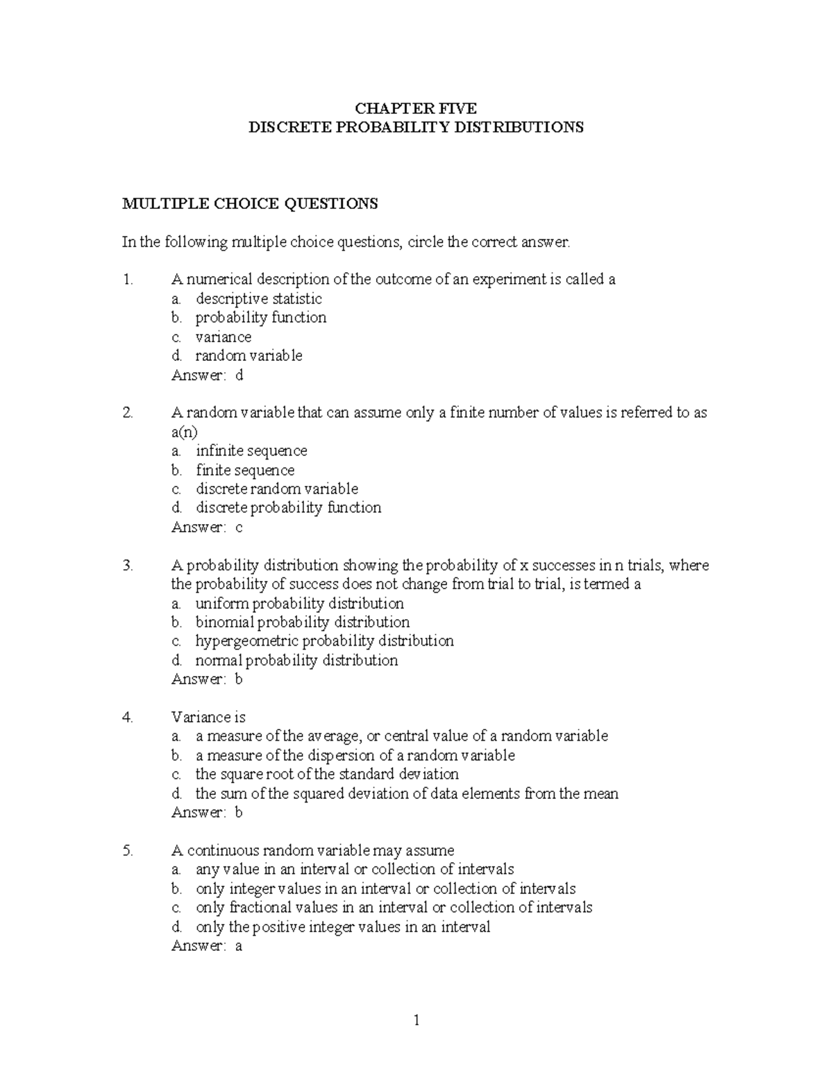 370645819 Probability Test Bank 2019 2020 - 1 CHAPTER FIVE DISCRETE ...
