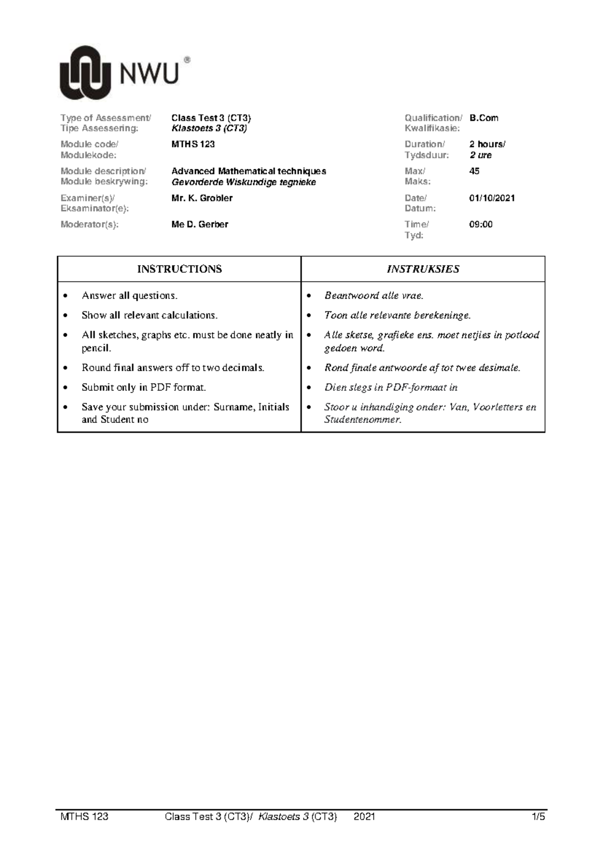 MTHS 123 Class Test 3 2021 - Type of Assessment/ Tipe Assessering ...