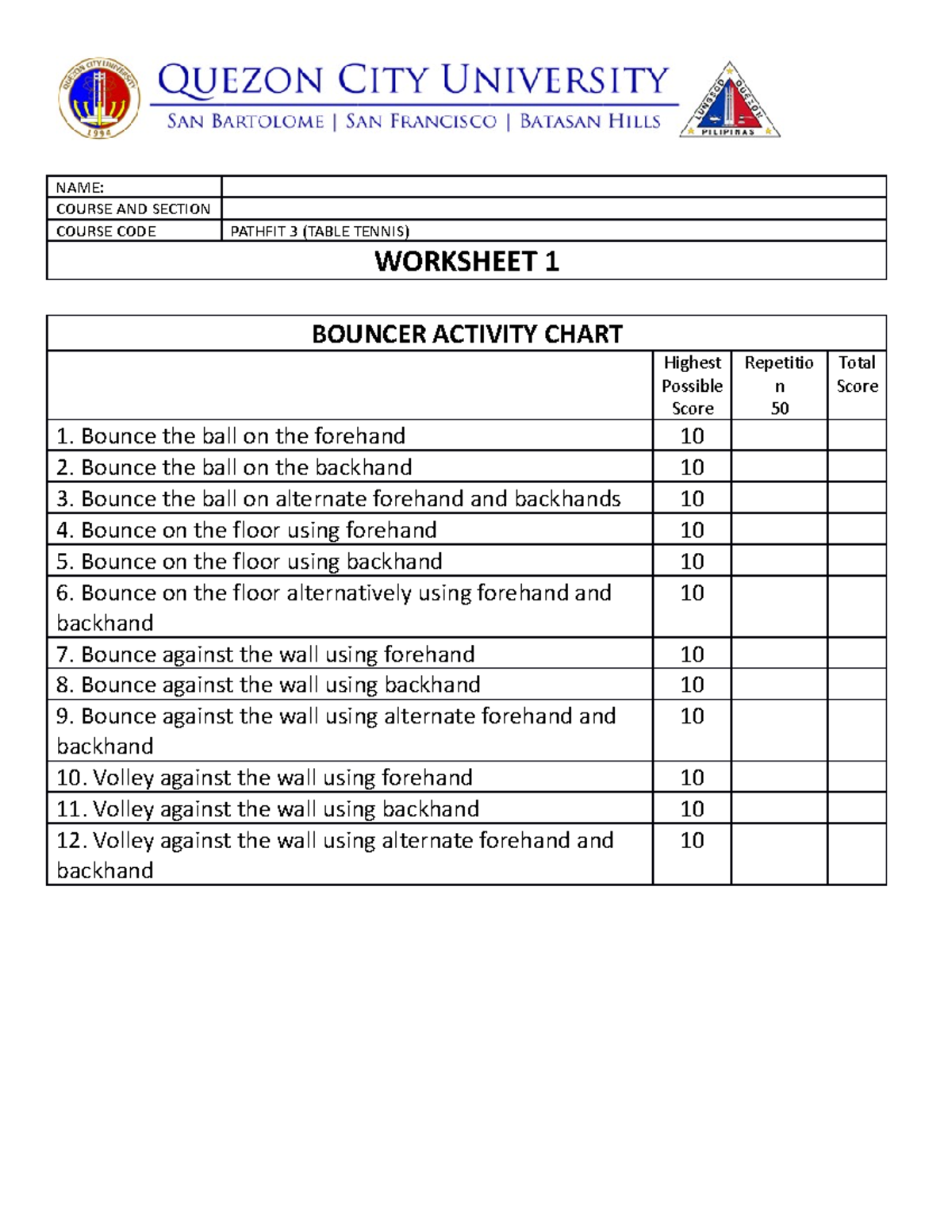 Table Tennis Worksheet 1 - NAME: COURSE AND SECTION COURSE CODE PATHFIT ...