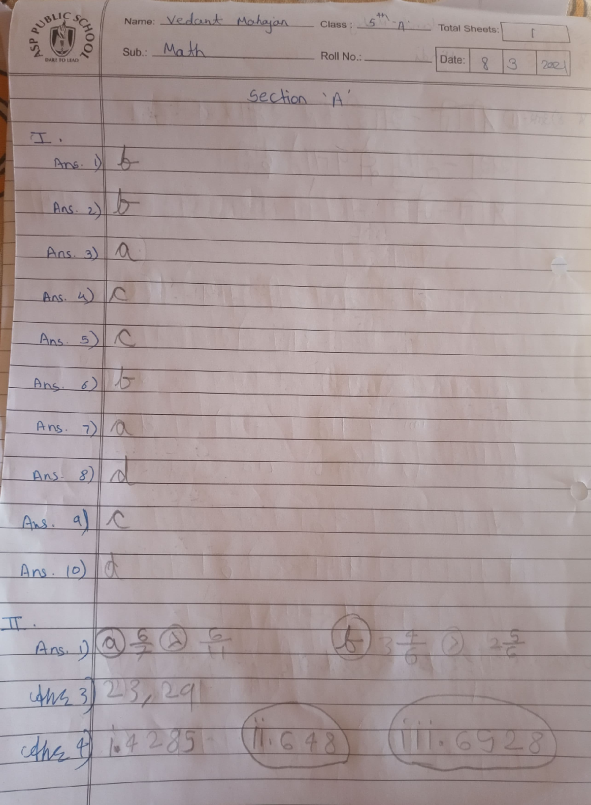 Vedant Mahajan Math Answersheet - BLIC Name: Vedank Mohajan Class: 5 A ...