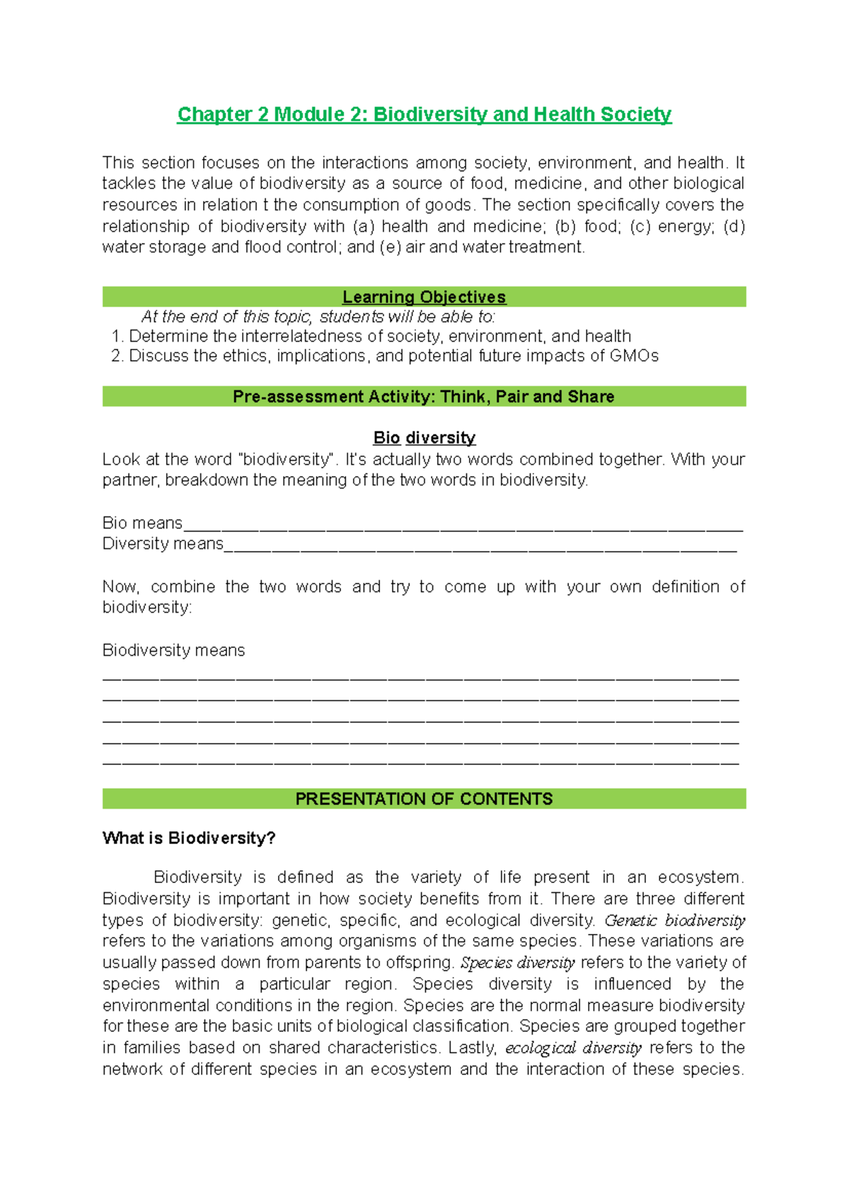 Chapter 2 Module 2 - Chapter 2 Module 2: Biodiversity and Health Society This section focuses on ...