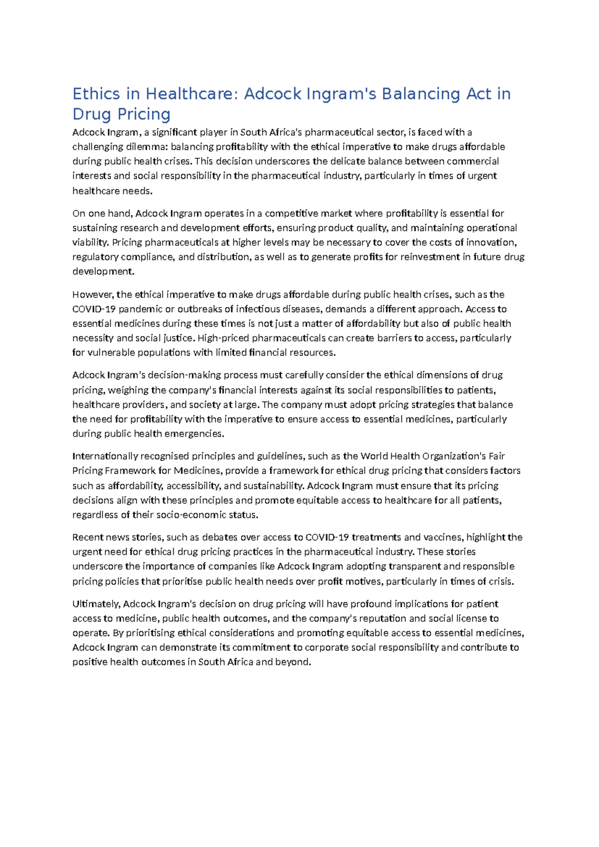 Adcock Ingram - OBS 214 group project description. - Ethics in Healthcare: Adcock Ingram's ...