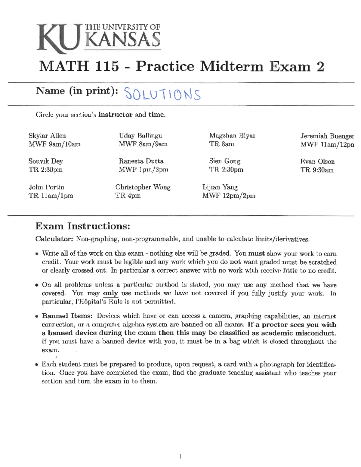 MATH 115 Practice exam 2 solutions - MATH 115 - Studocu