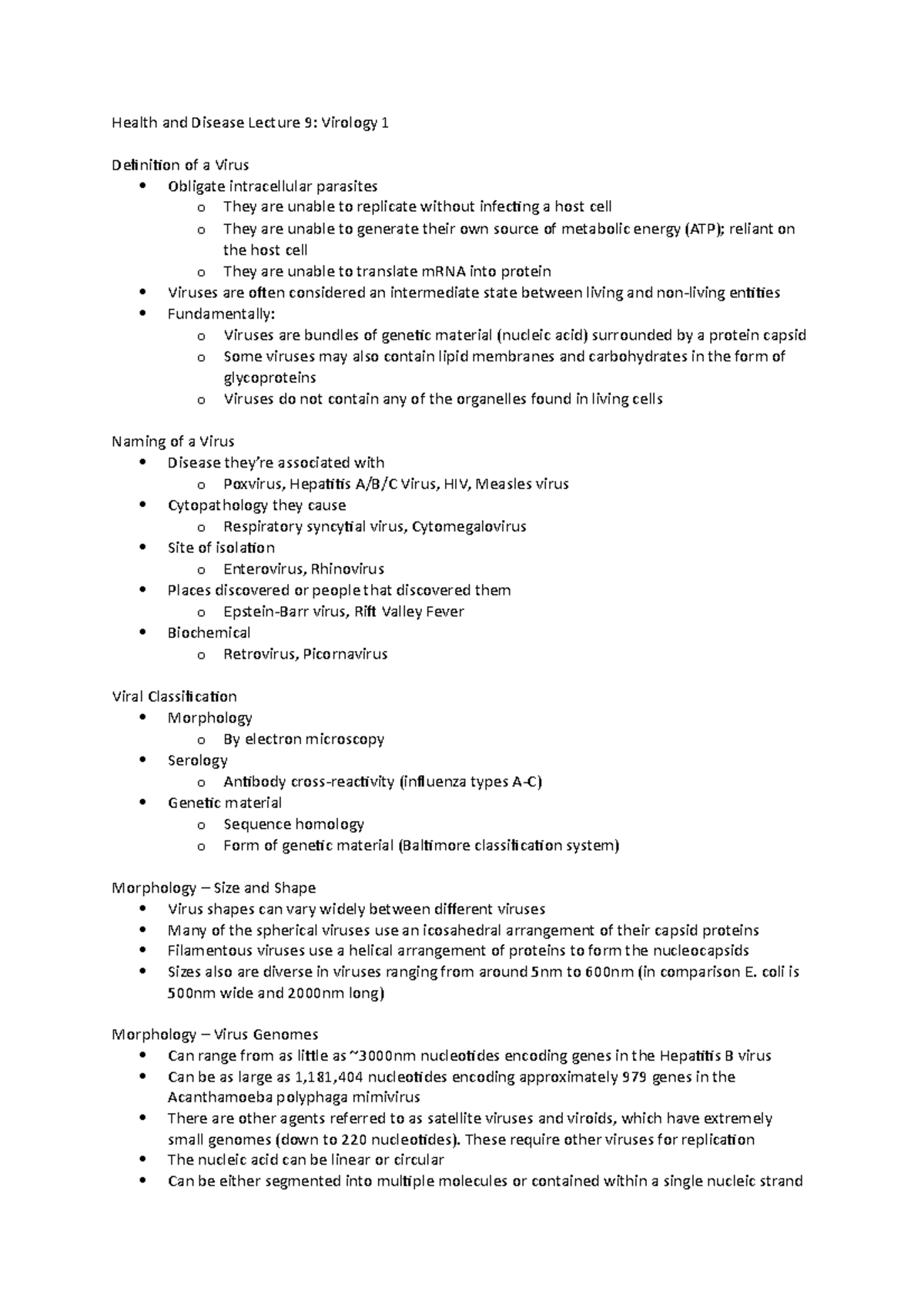 Lecture 9 Notes - Virology - Health and Disease Lecture 9: Virology 1 ...