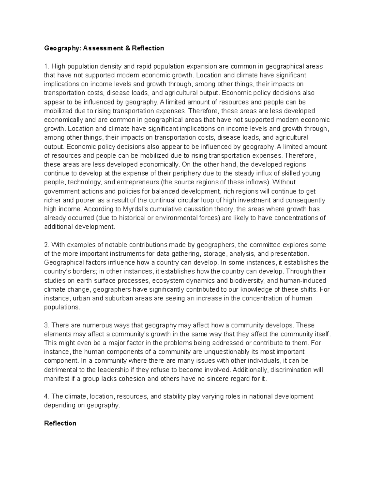 Geography 1 - Geography: Assessment & Reflection High population ...