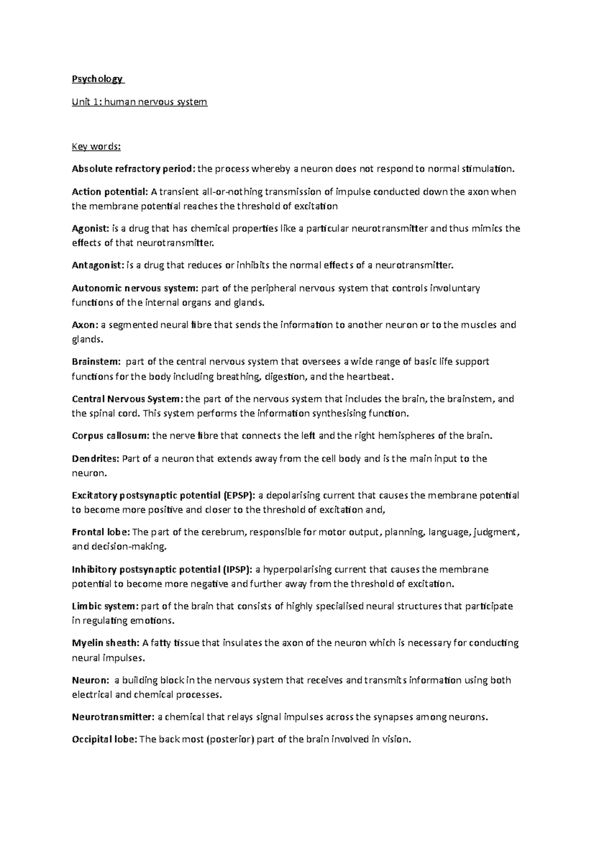 Psychology unit 1: Human nervous system summaries - Psychology Unit 1 ...