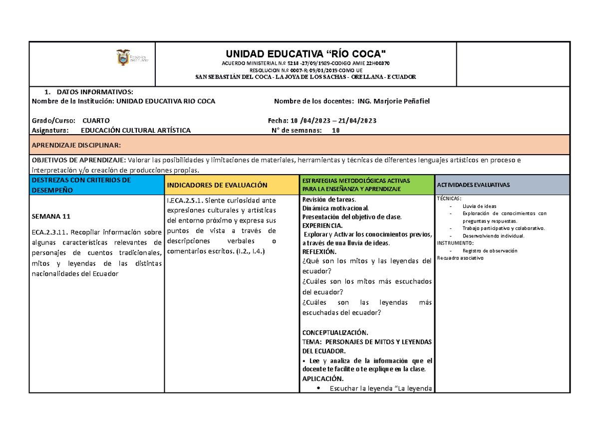Planificación 4to ECA 2DO Q - UNIDAD EDUCATIVA “RÍO COCA" ACUERDO ...
