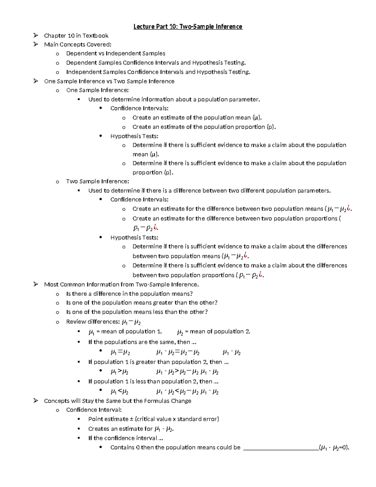 Chapter 10 notes - Lecture Part 10: Two-Sample Inference Chapter 10 in ...