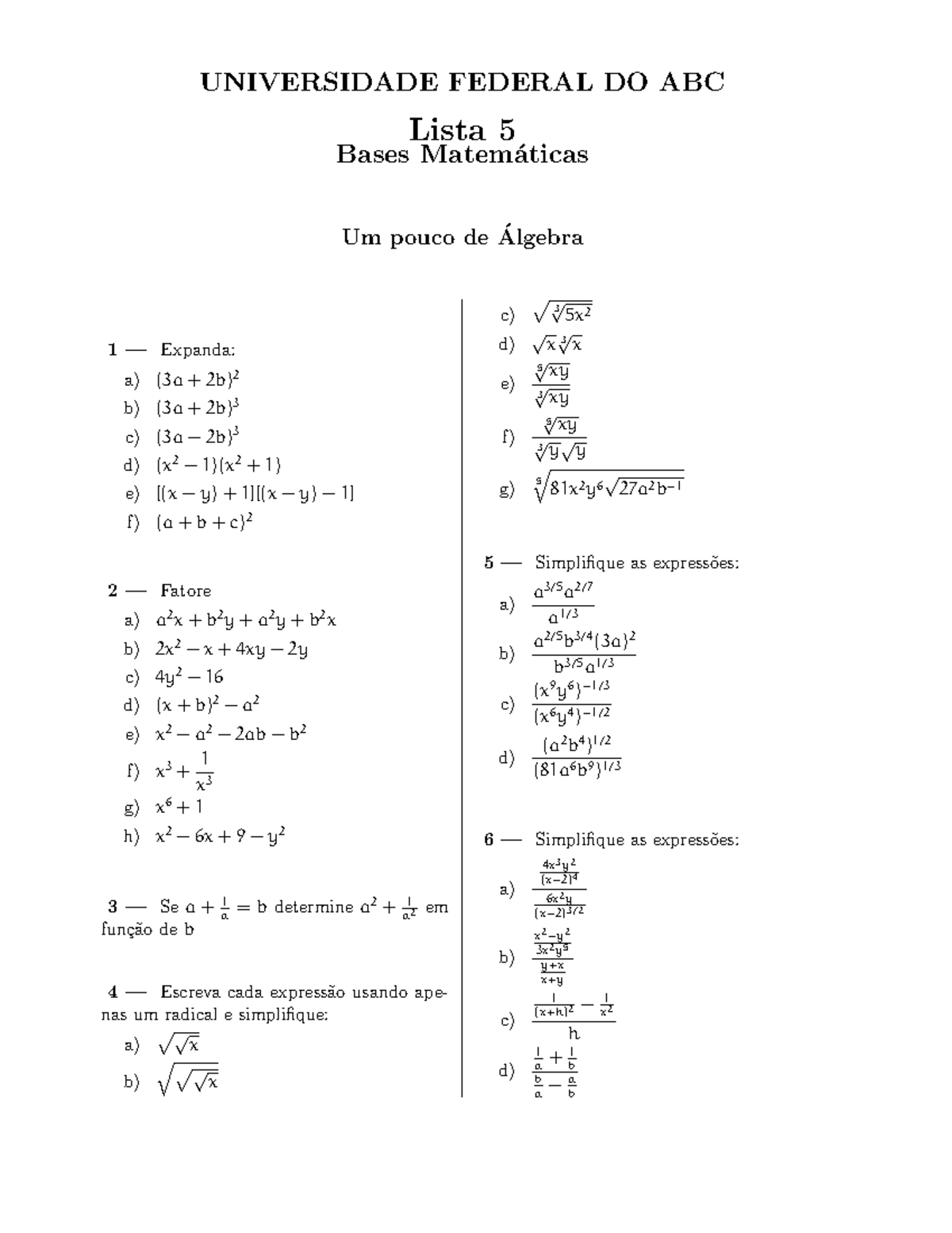Lista de exercícios 5 - Bases Matemáticas - UNIVERSIDADE FEDERAL DO ABC ...