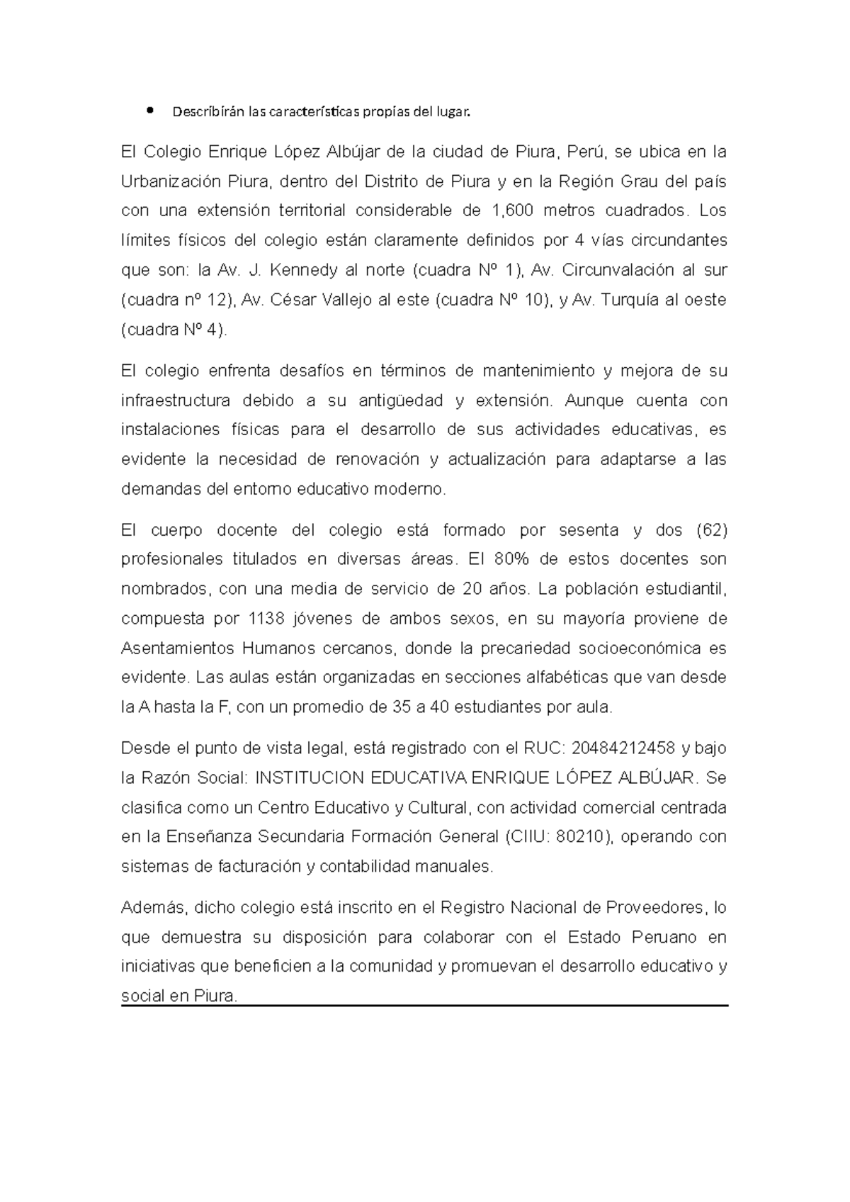 Describirán las características propias del lugar - El Colegio Enrique ...