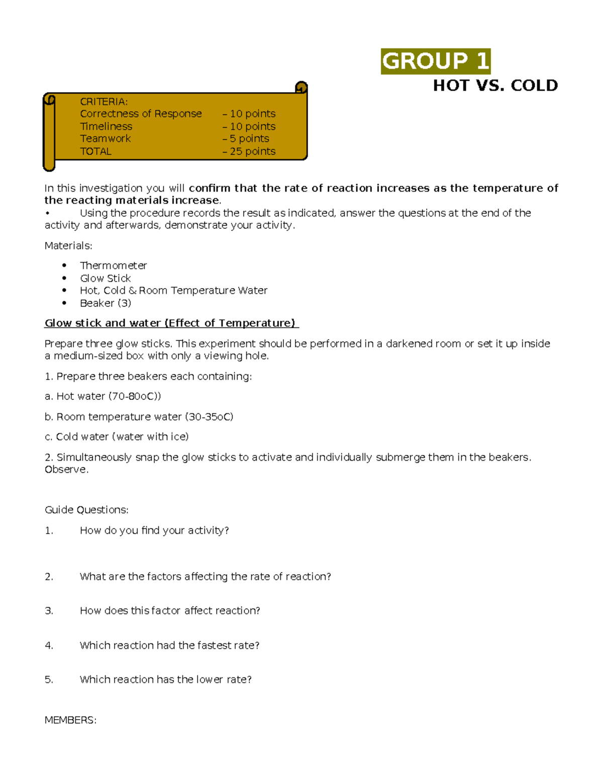 Groupings Actvity - GROUP 1 HOT VS. COLD CRITERIA: Correctness of ...