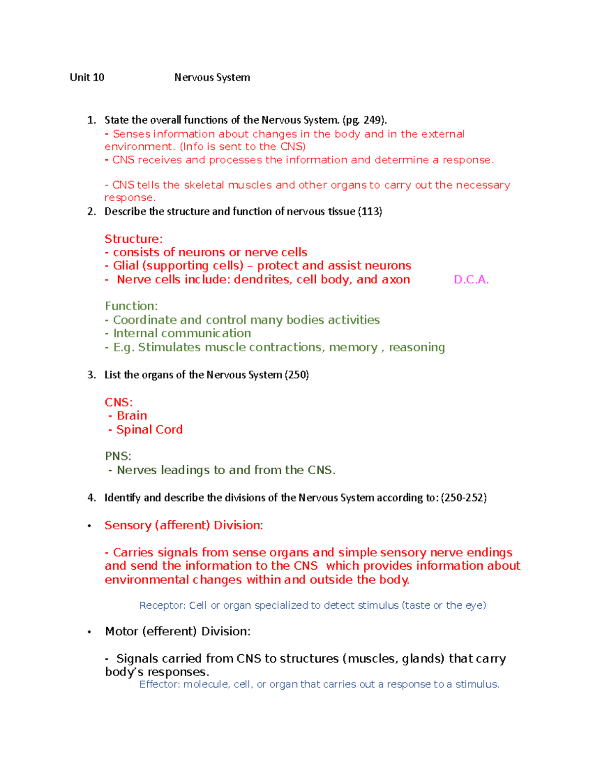 Unit 10 Nervous System - Unit 10 Nervous System State the overall ...