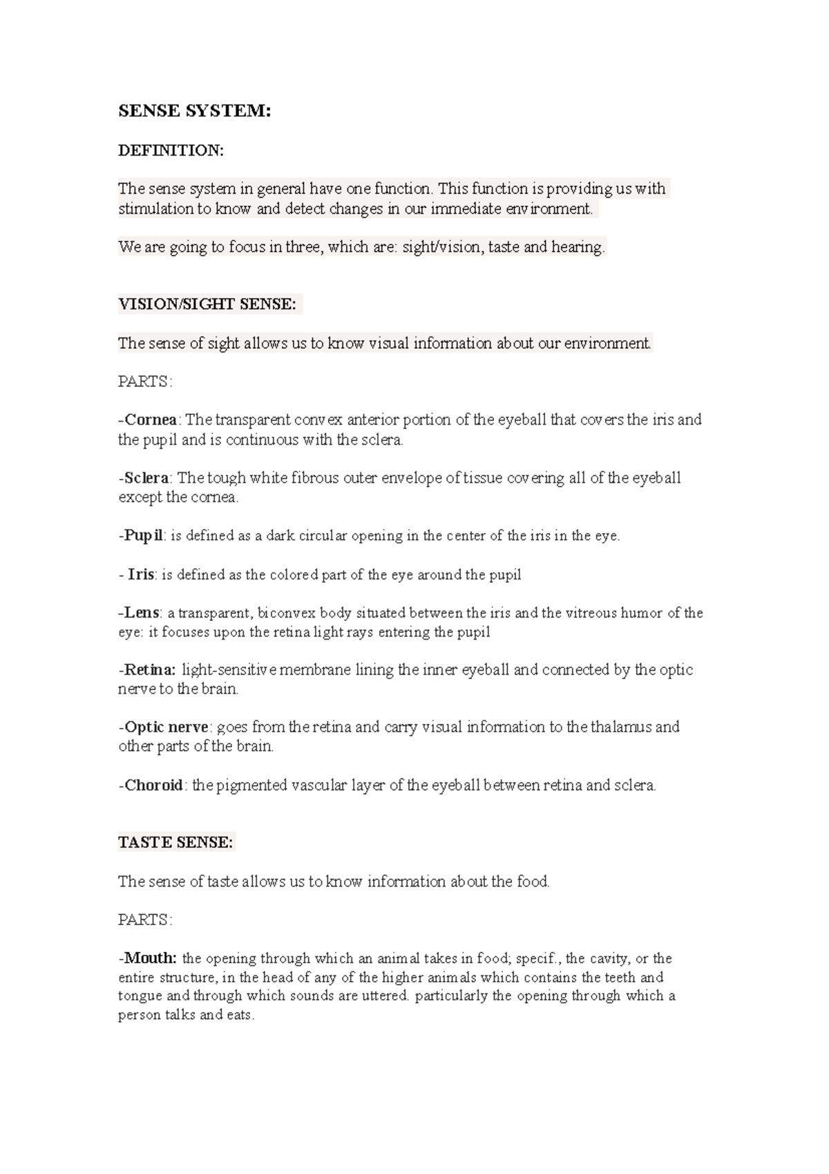 Sense System - Apuntes 4 - SENSE SYSTEM: DEFINITION: The sense system ...