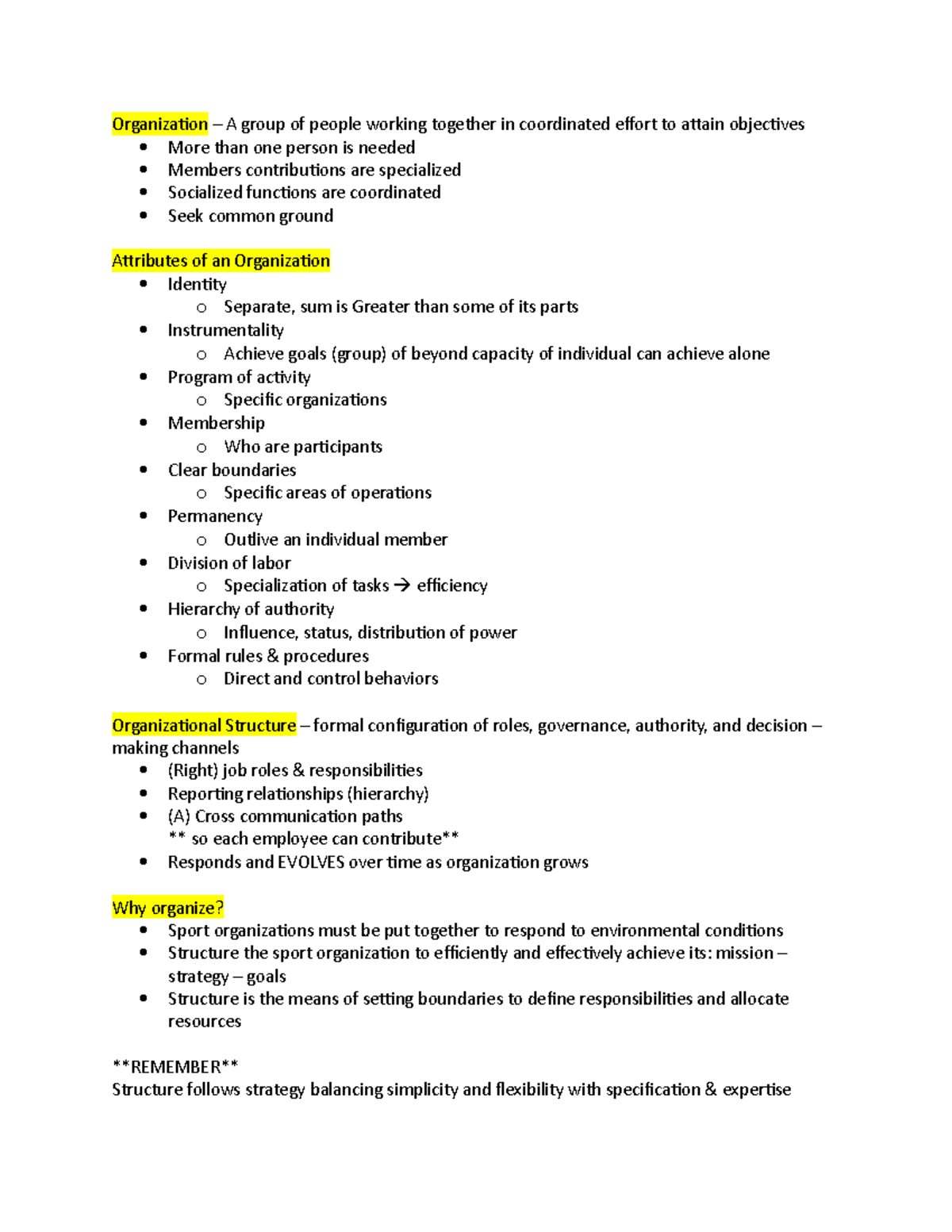 Organization Notes - Organization – A group of people working together ...