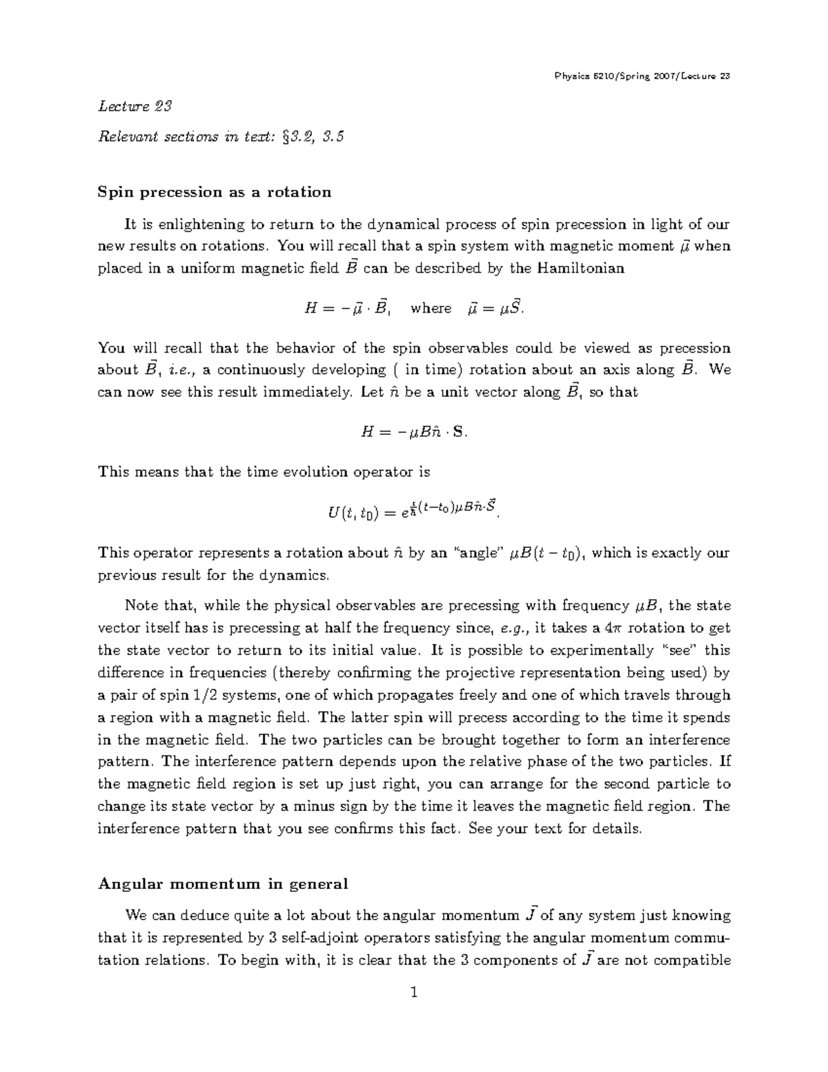 23.pdf spin preession as a rotation - Physics 6210/Spring 2007/Lecture ...