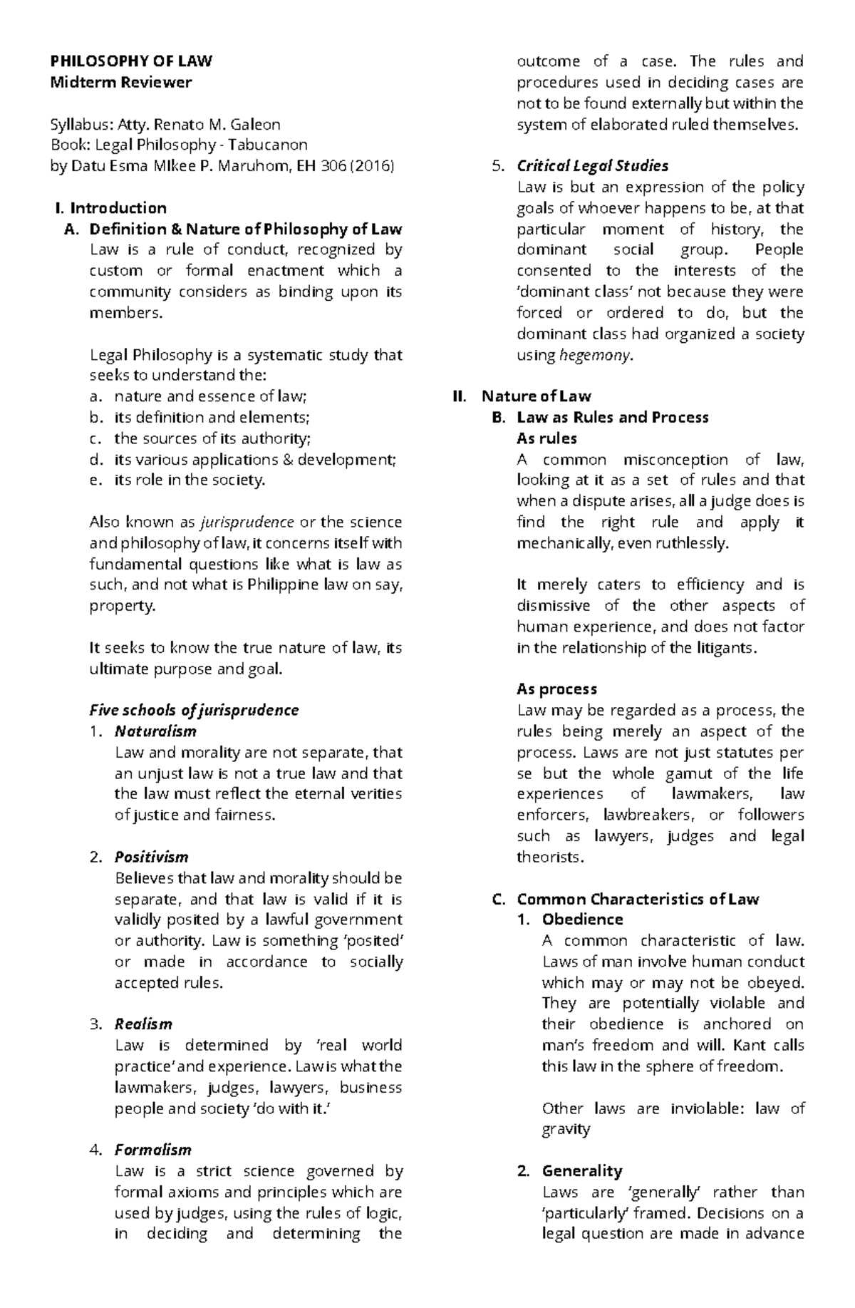 Pdfcoffee - notes - PHILOSOPHY OF LAW Midterm Reviewer Syllabus: Atty ...