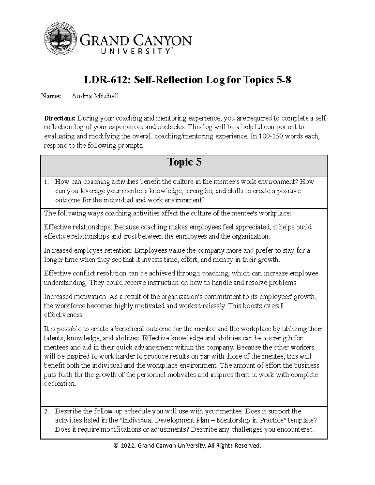 LDR 612 RS T5 T8Self Reflection Log - LDR-612: Self-Reflection Log for ...