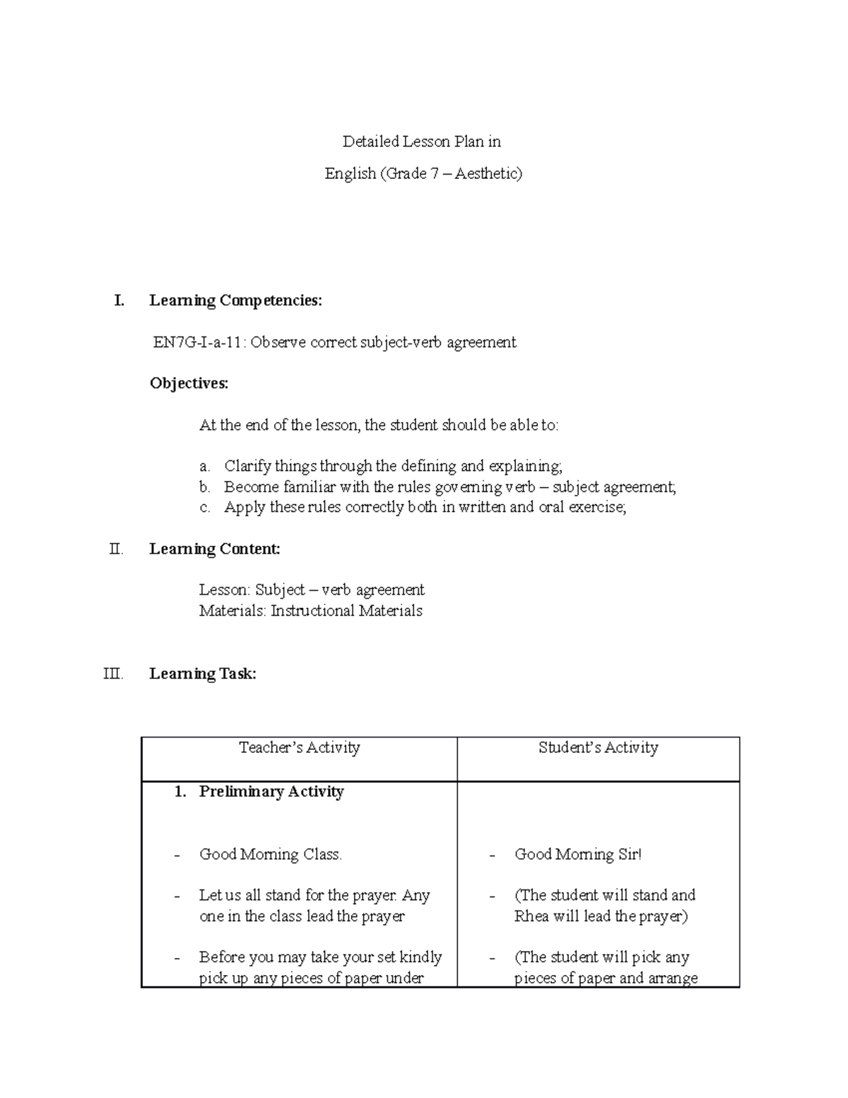 DLP in EDUC 4 - to know - Detailed Lesson Plan in English (Grade 7 – Aesthetic) I. Learning ...