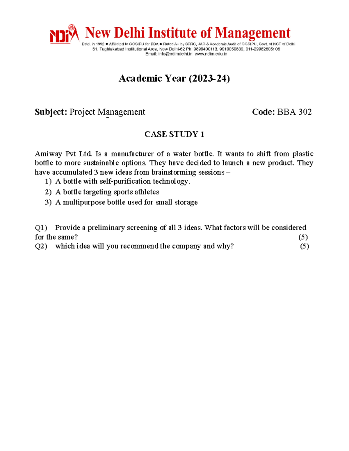 302 Case Study PM 1 - Academic Year (2023-24) Subject: Project ...