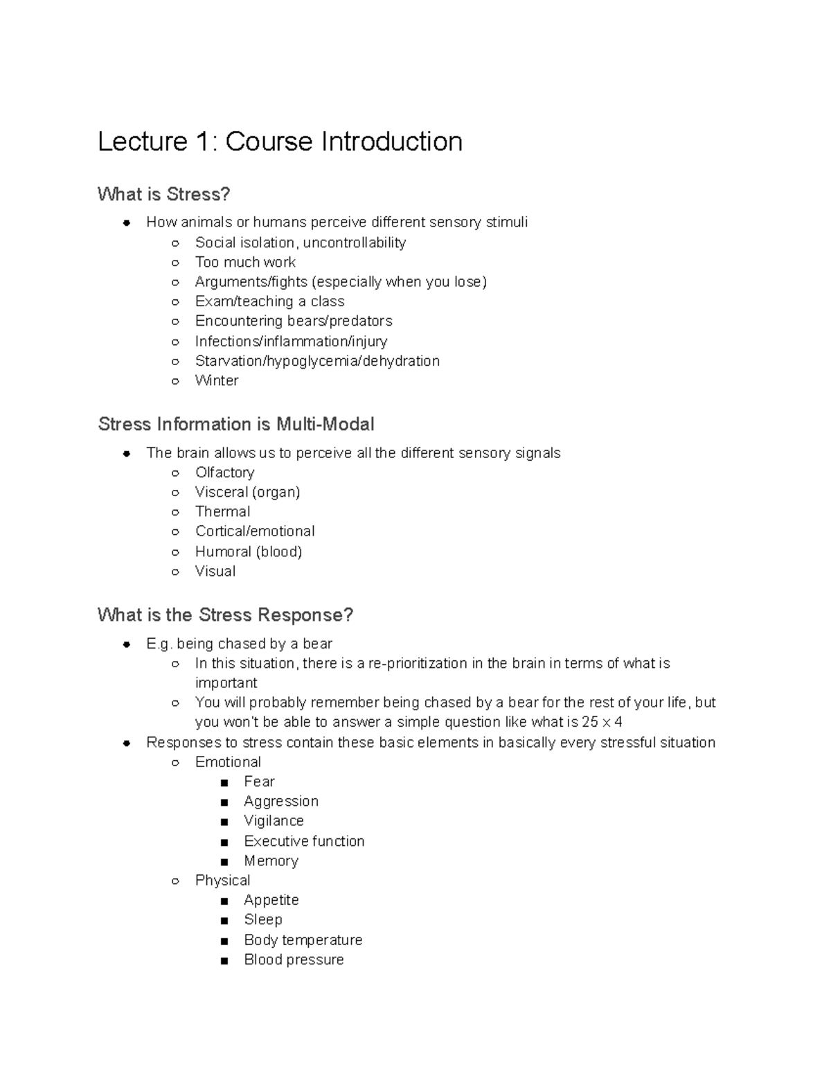 Lecture 1 - Lecture 1: Course Introduction What is Stress? How animals or humans perceive - Studocu