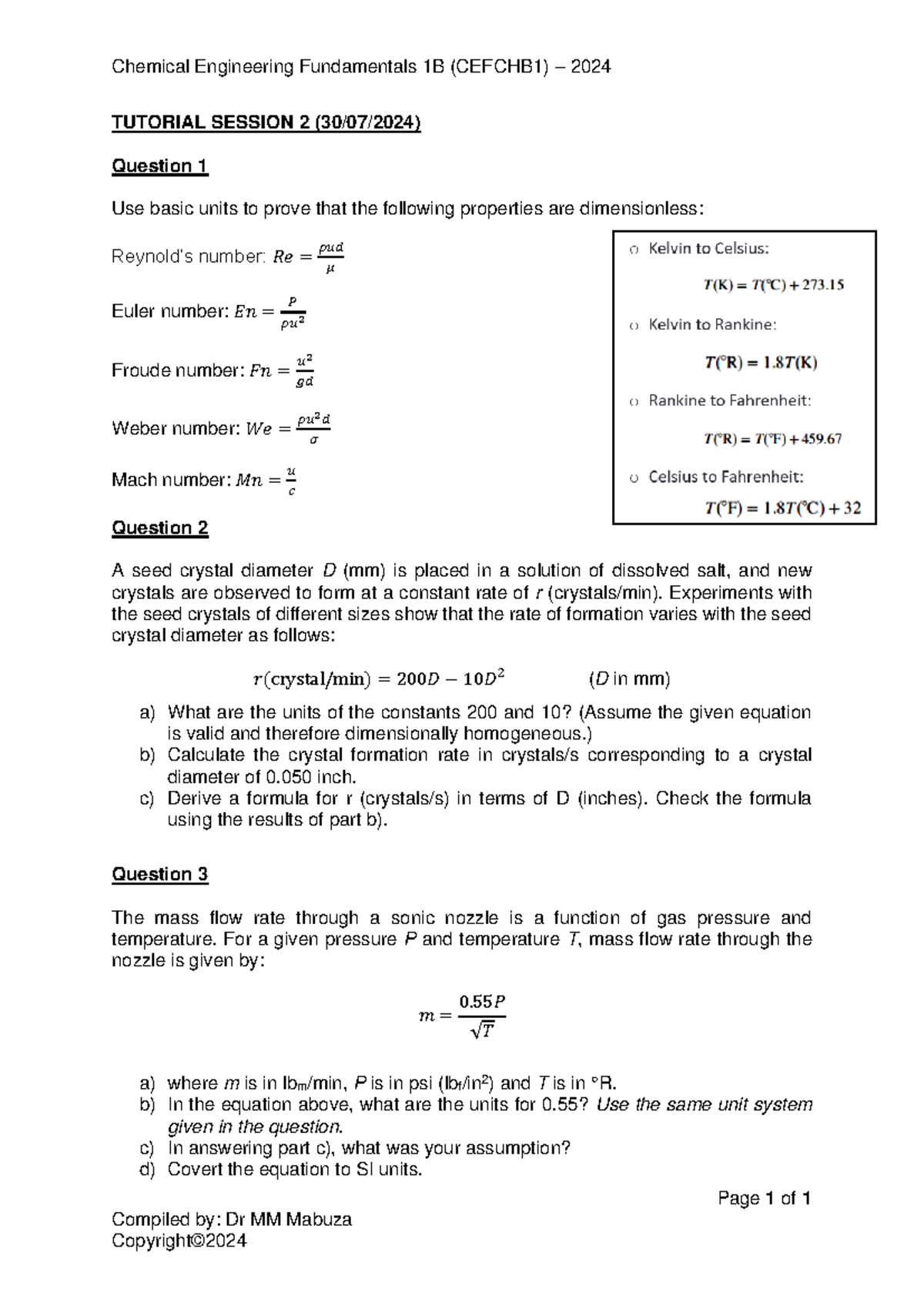 Tutorial Session 2 (30 - ENGINEERING CALCULATIONS - Chemical Engineering Fundamentals 1B ...