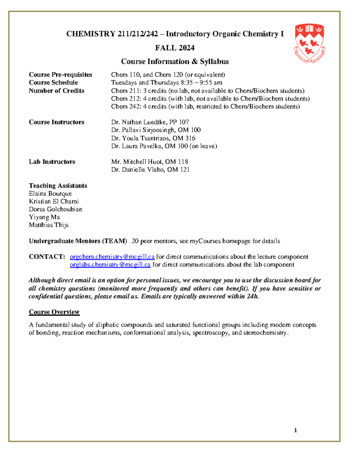 Chem syllabus - CHEMISTRY 211/ 212 / 242 – Introductory Organic ...