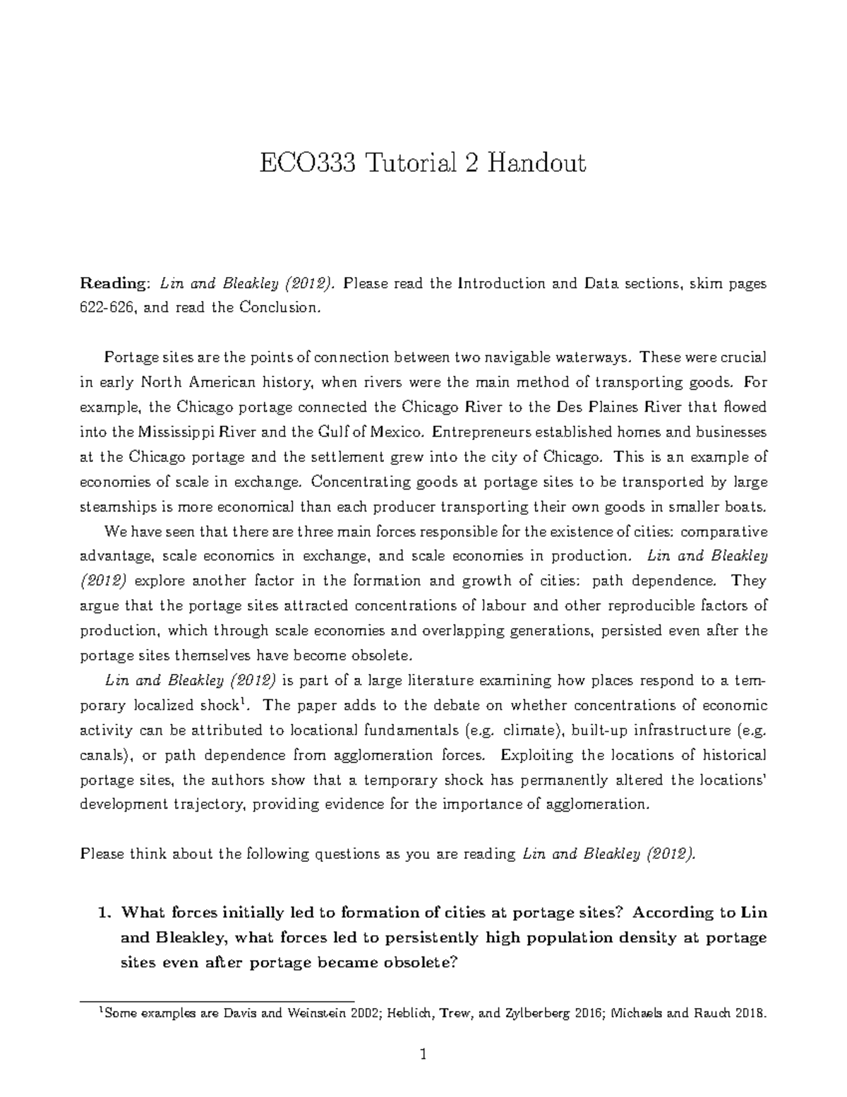 ECO333 Tutorial 2 fall2023 - ECO333 Tutorial 2 Handout Reading: Lin and Bleakley (2012). Please ...