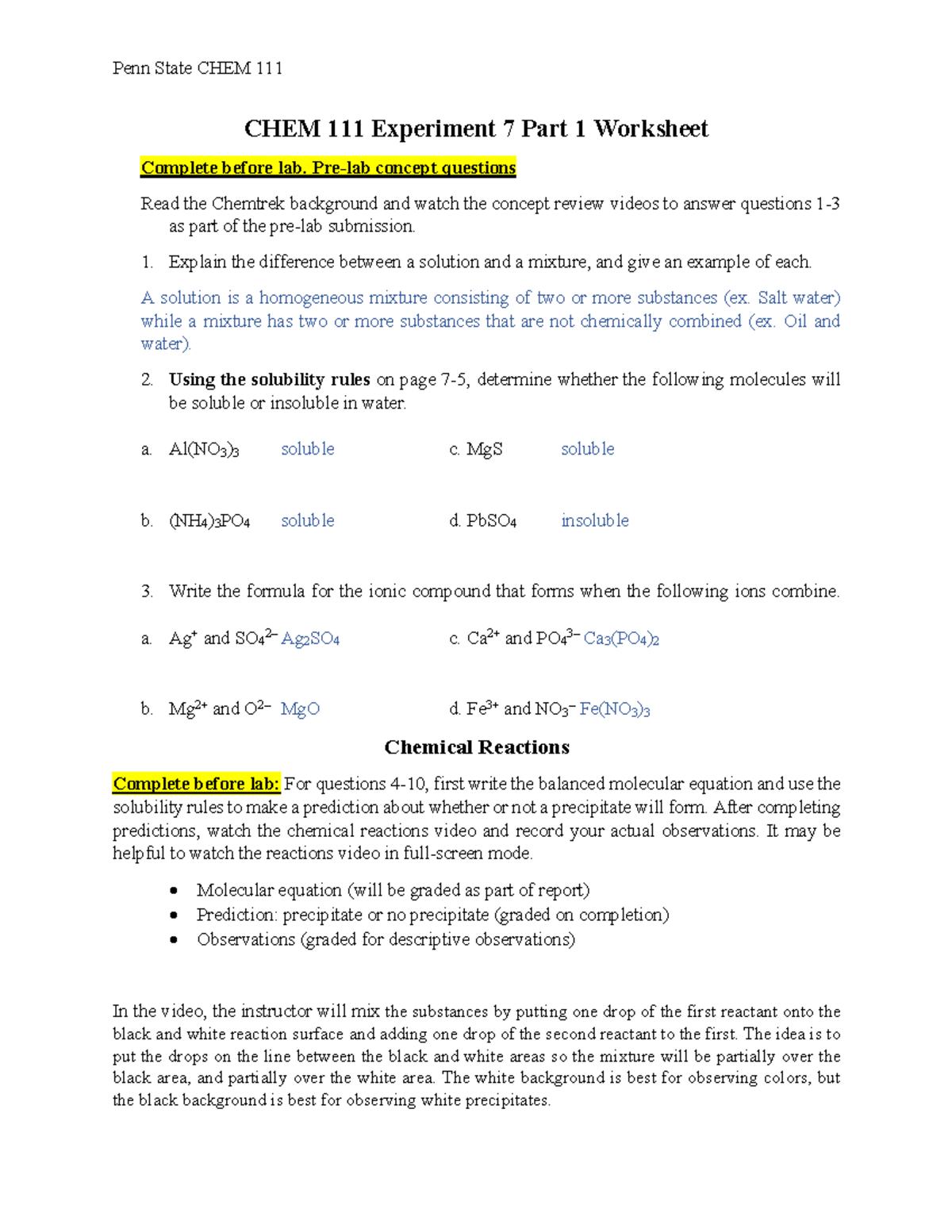 Experiment 7.1 Report SP21 - CHEM 111 Experiment 7 Part 1 Worksheet ...