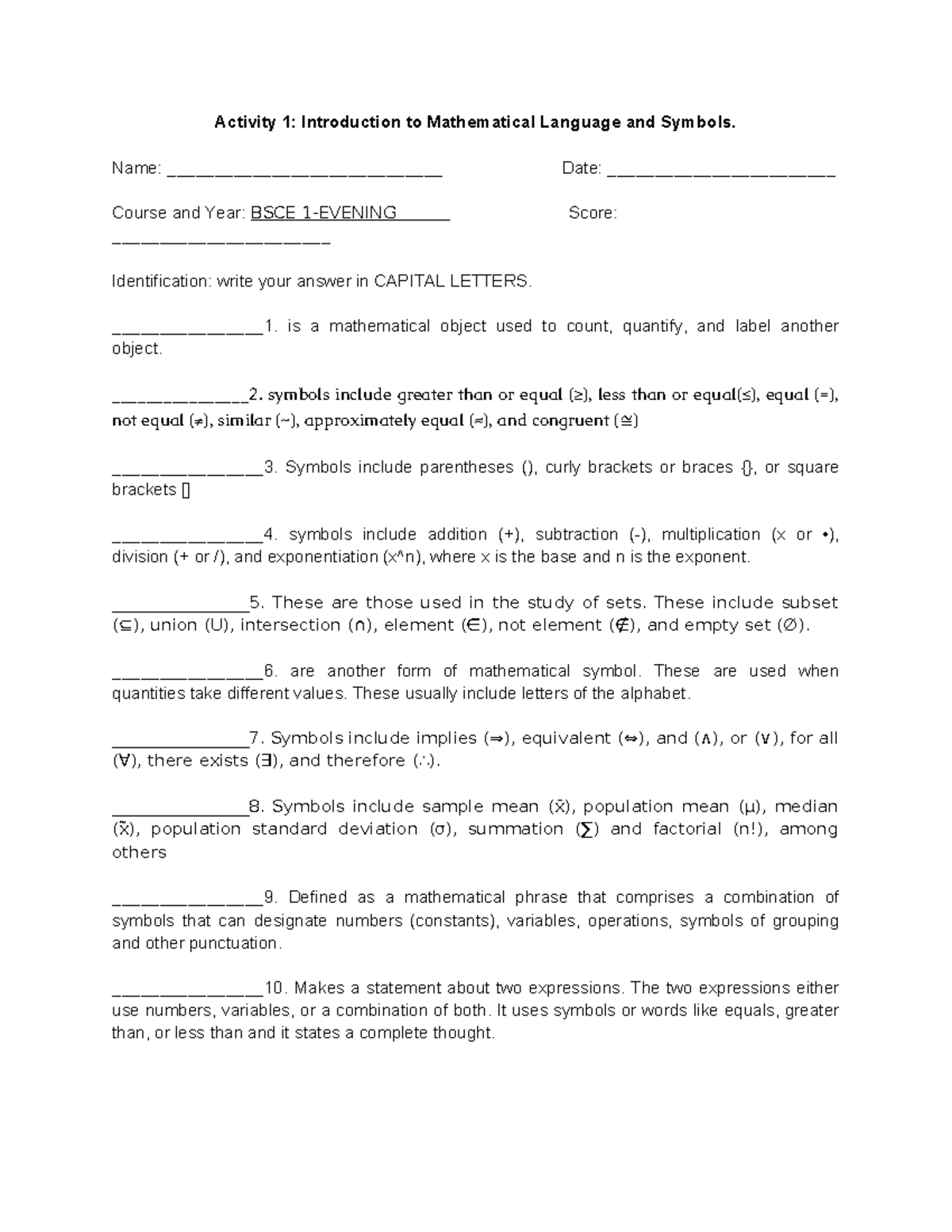 GEC MMW Activity 1 - Activity 1: Introduction to Mathematical Language ...