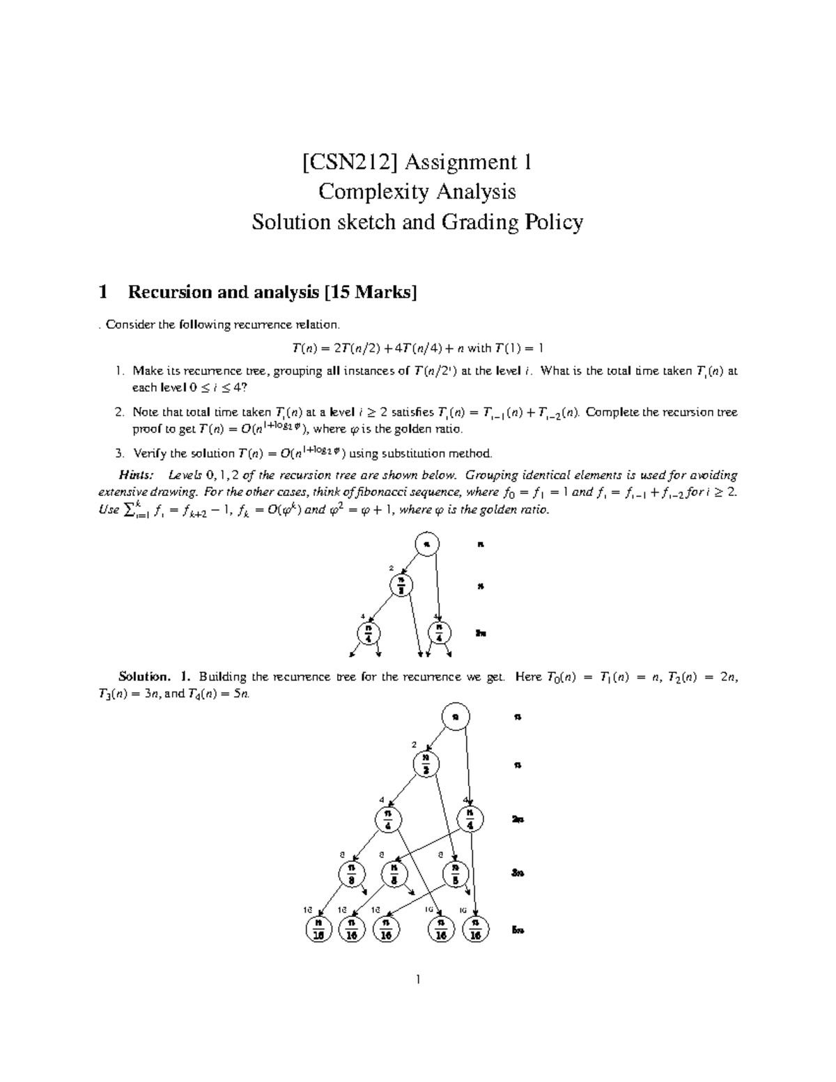 1 Solution Sketch And Grading Policy [csn212] Assignment 1 Complexity