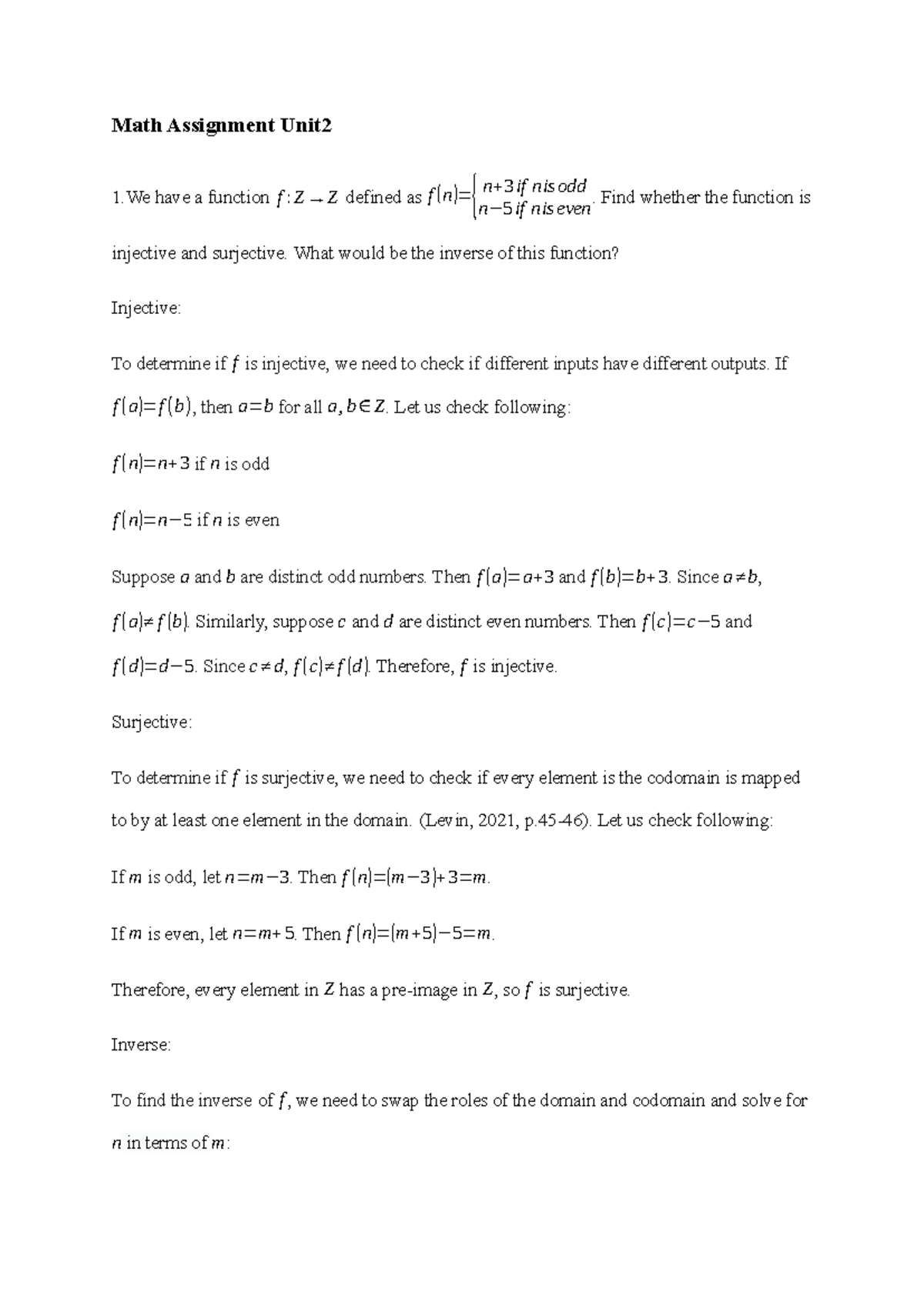 Math Assignment Unit2 - Find whether the function is injective and surjective. What would be the ...