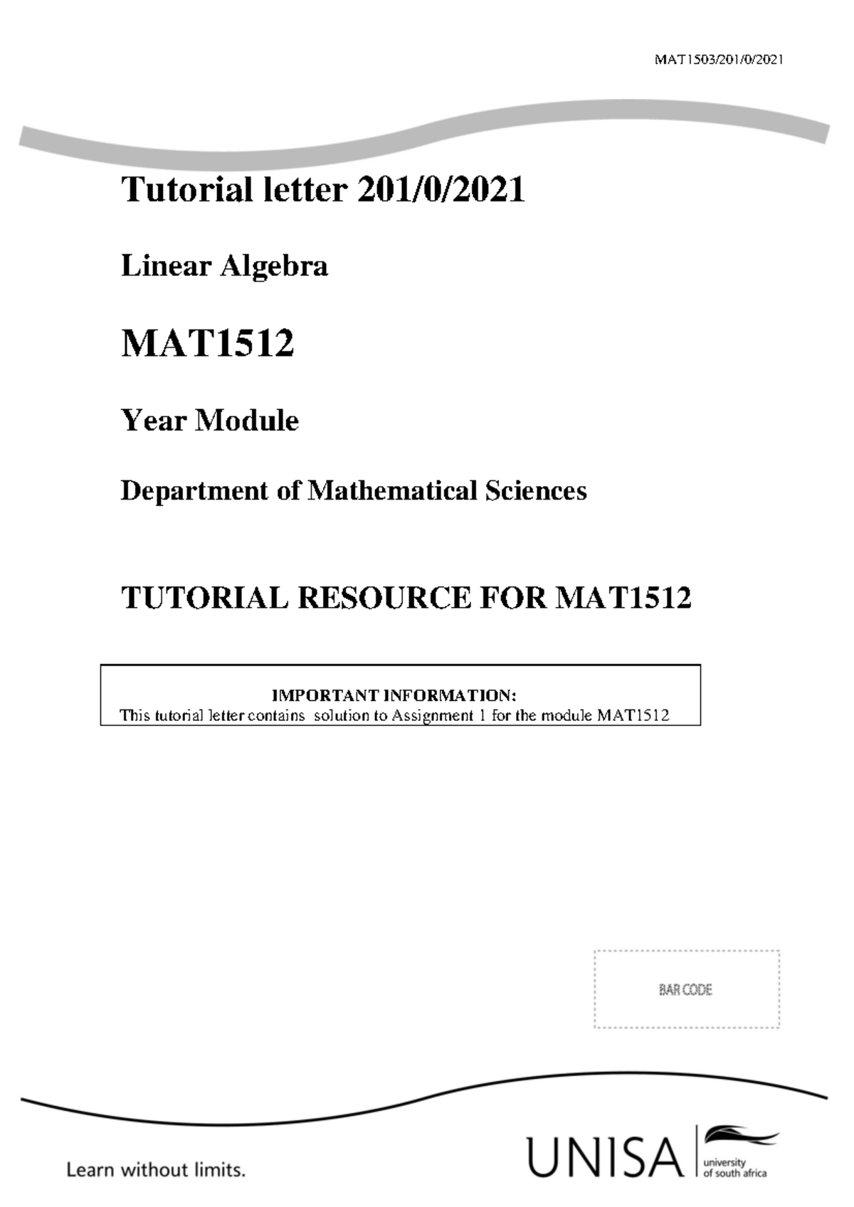 MAT1512 2021 ASS 01 Solutions-New 240503 232509 - COS1511 - MAT1503/201 ...