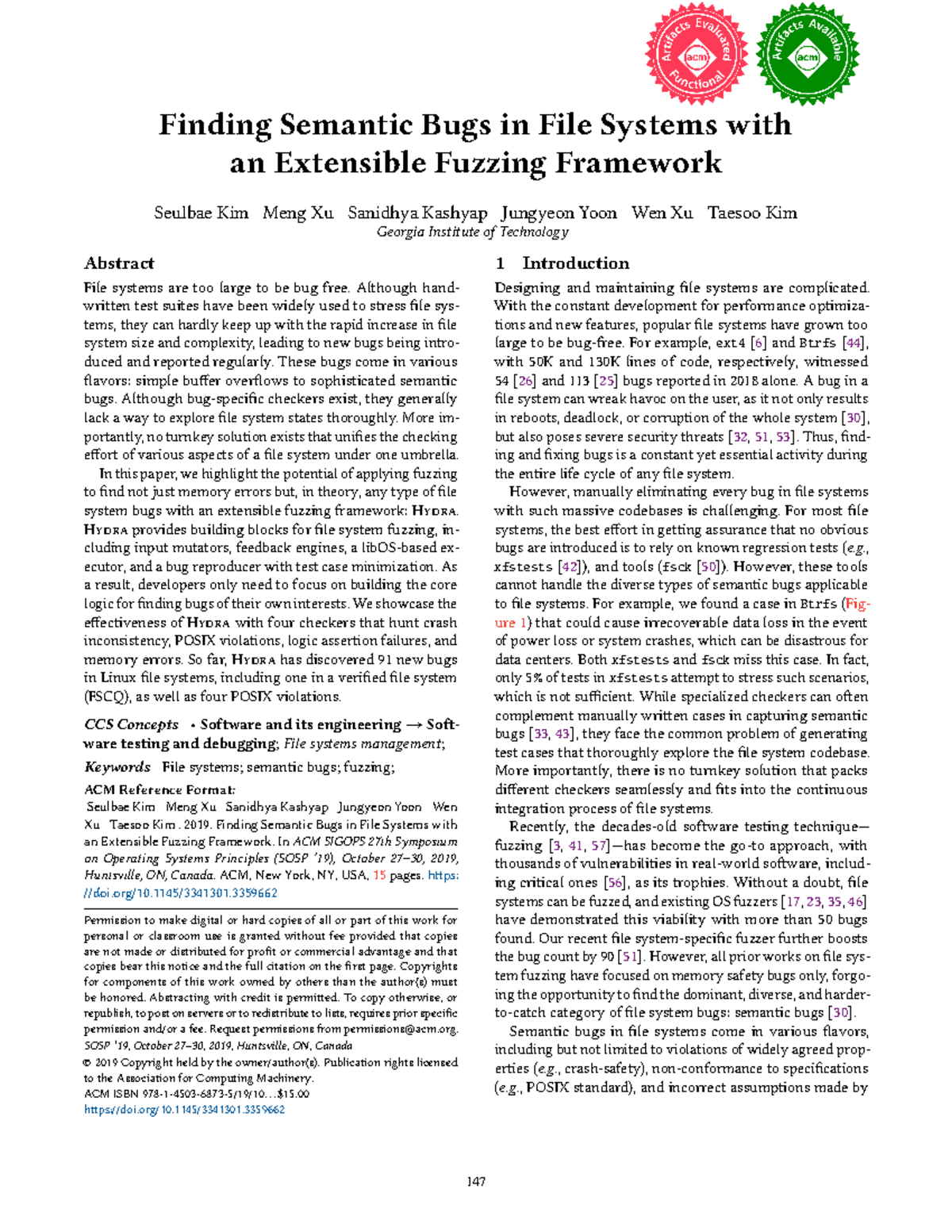 Kim2019 - Finding Semantic Bugs in File Systems with an Extensible Fuzzing Framework Seulbae Kim ...