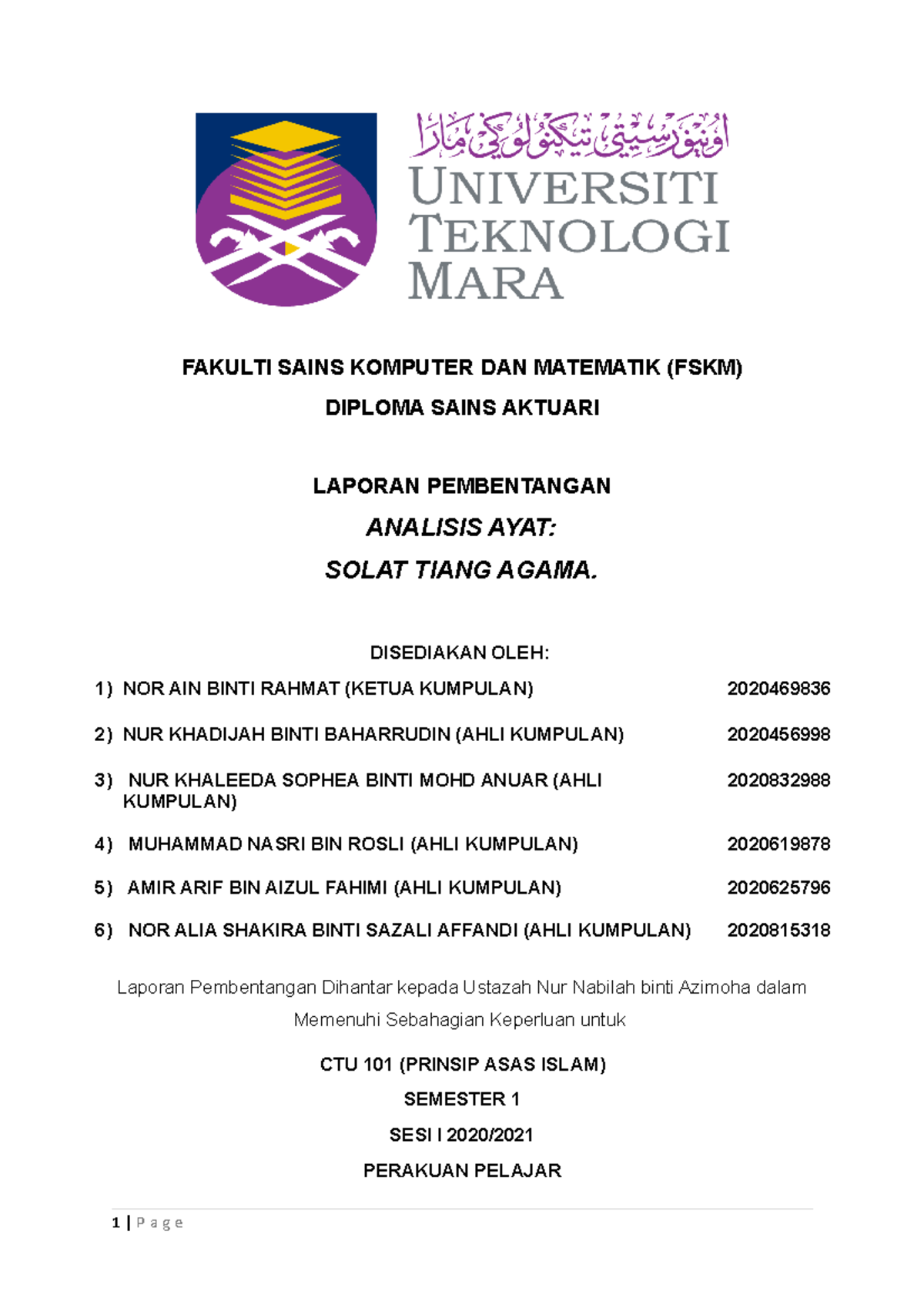 Solat Tiang Agama - FAKULTI SAINS KOMPUTER DAN MATEMATIK (FSKM) DIPLOMA ...