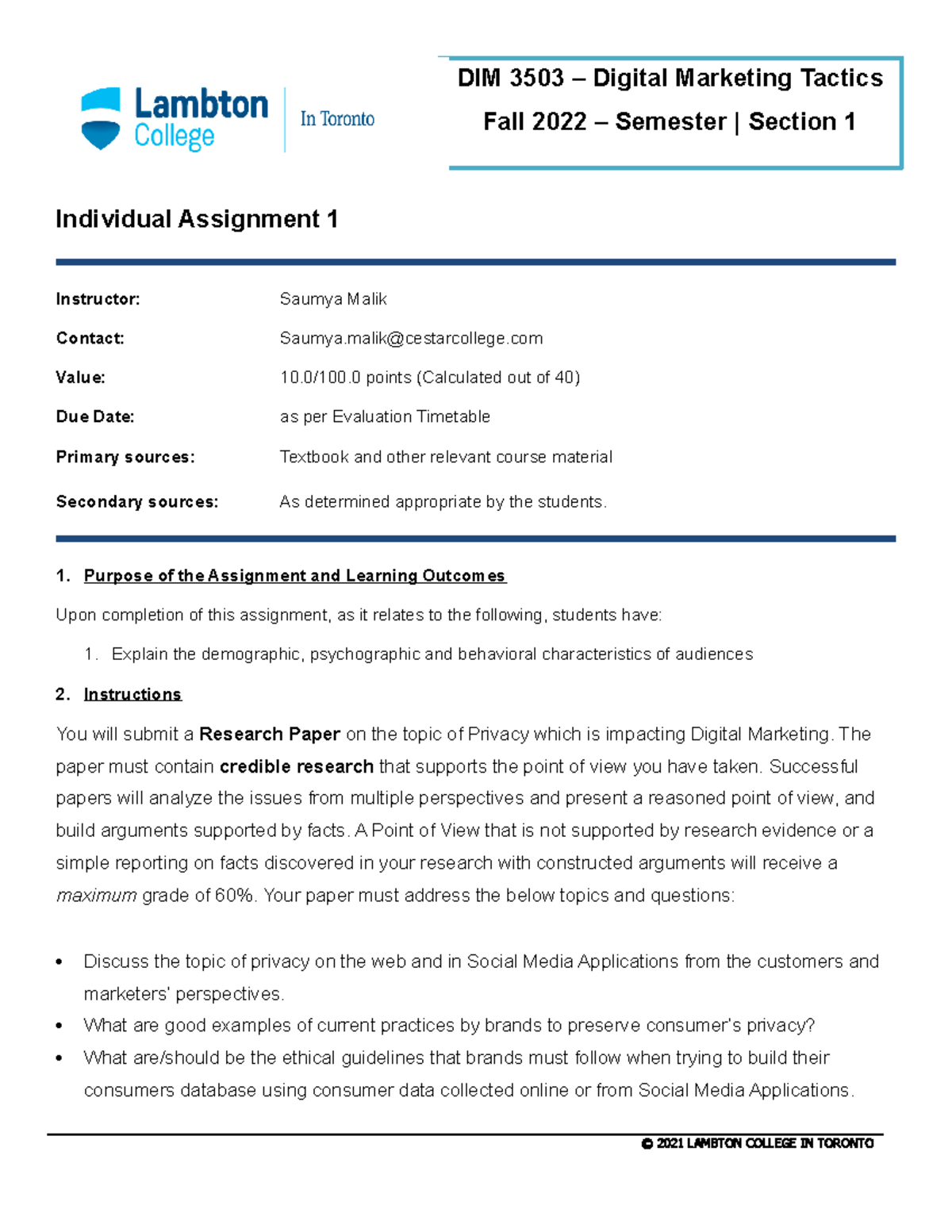 DIM3503 F22 Individual Assignment 1 Instructions - Individual Assignment 1 Instructor: Saumya ...