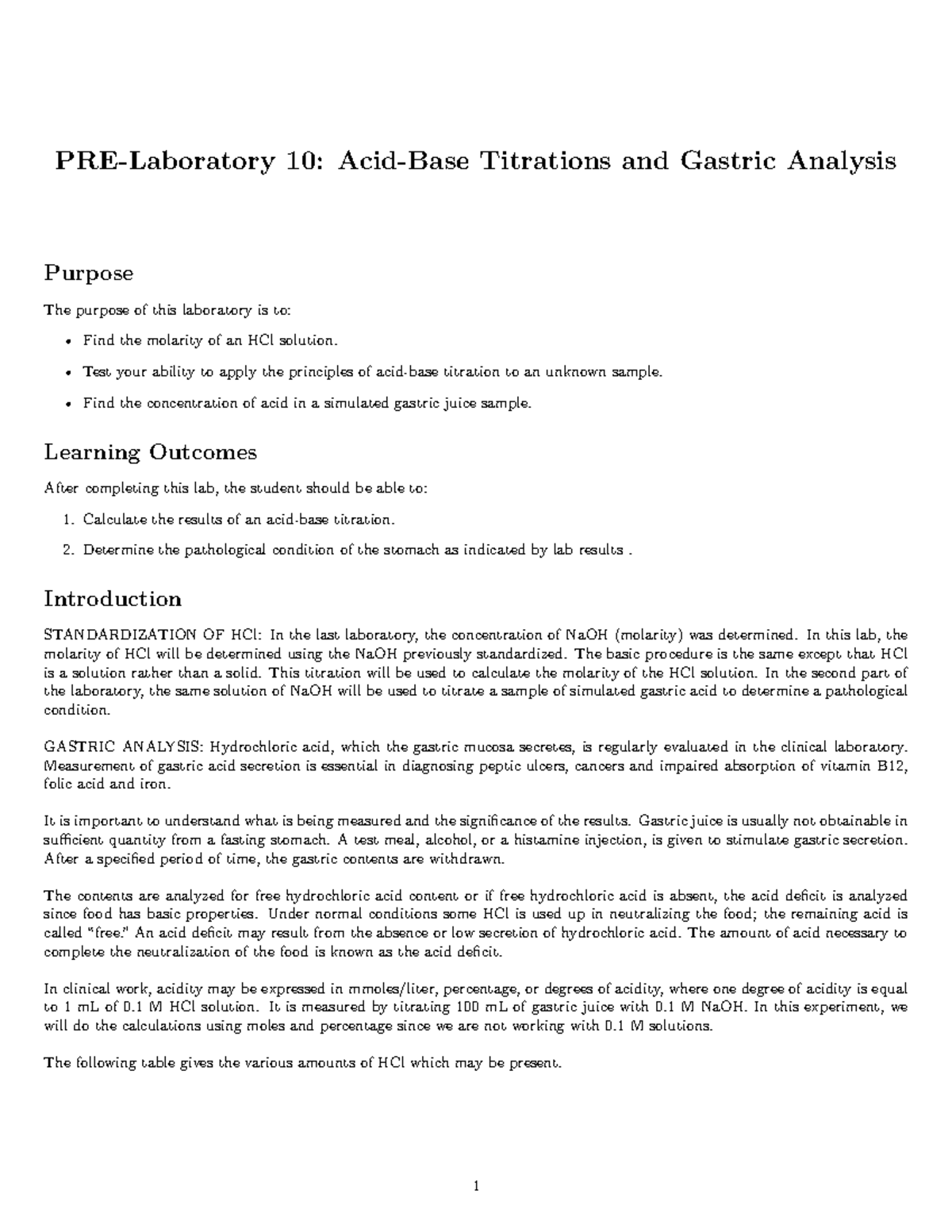 Pre lab 10 chem - PRE-Laboratory 10: Acid-Base Titrations and Gastric ...