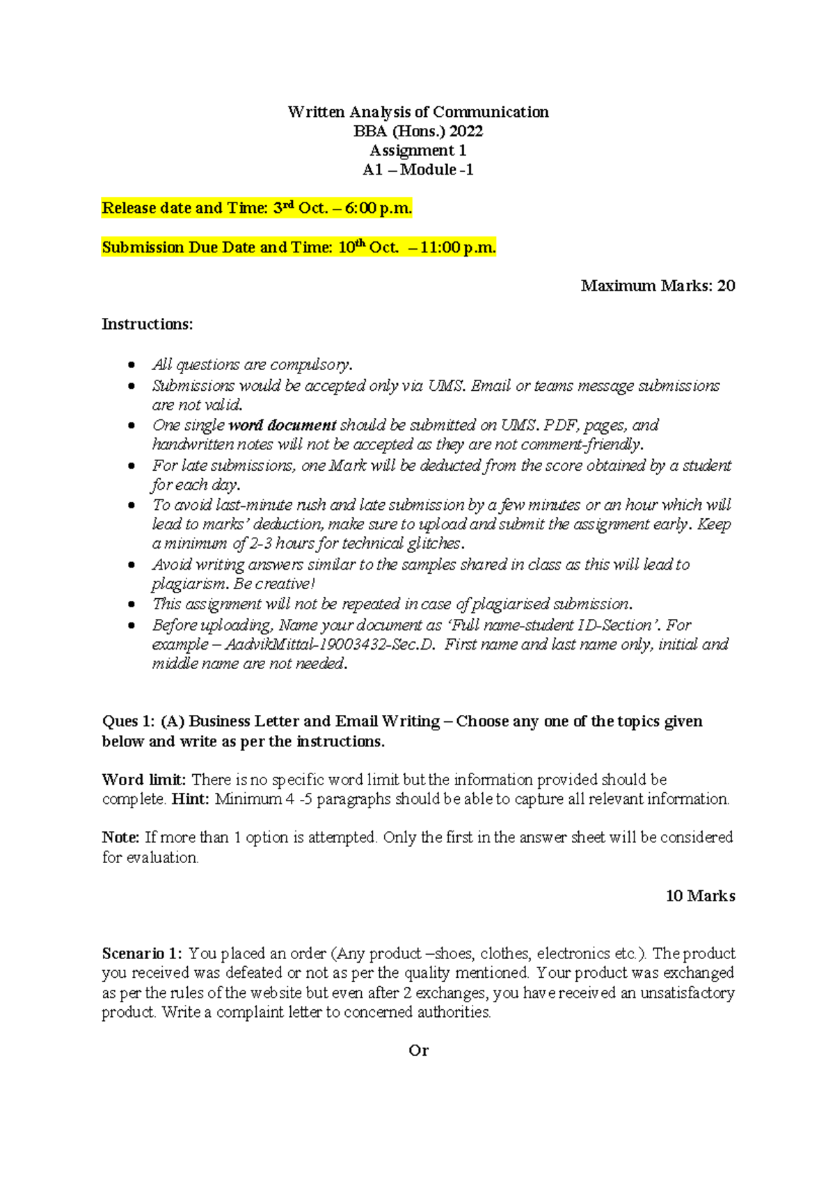 WAC Assignment 1 - j,hhjk - Written Analysis of Communication BBA (Hons ...