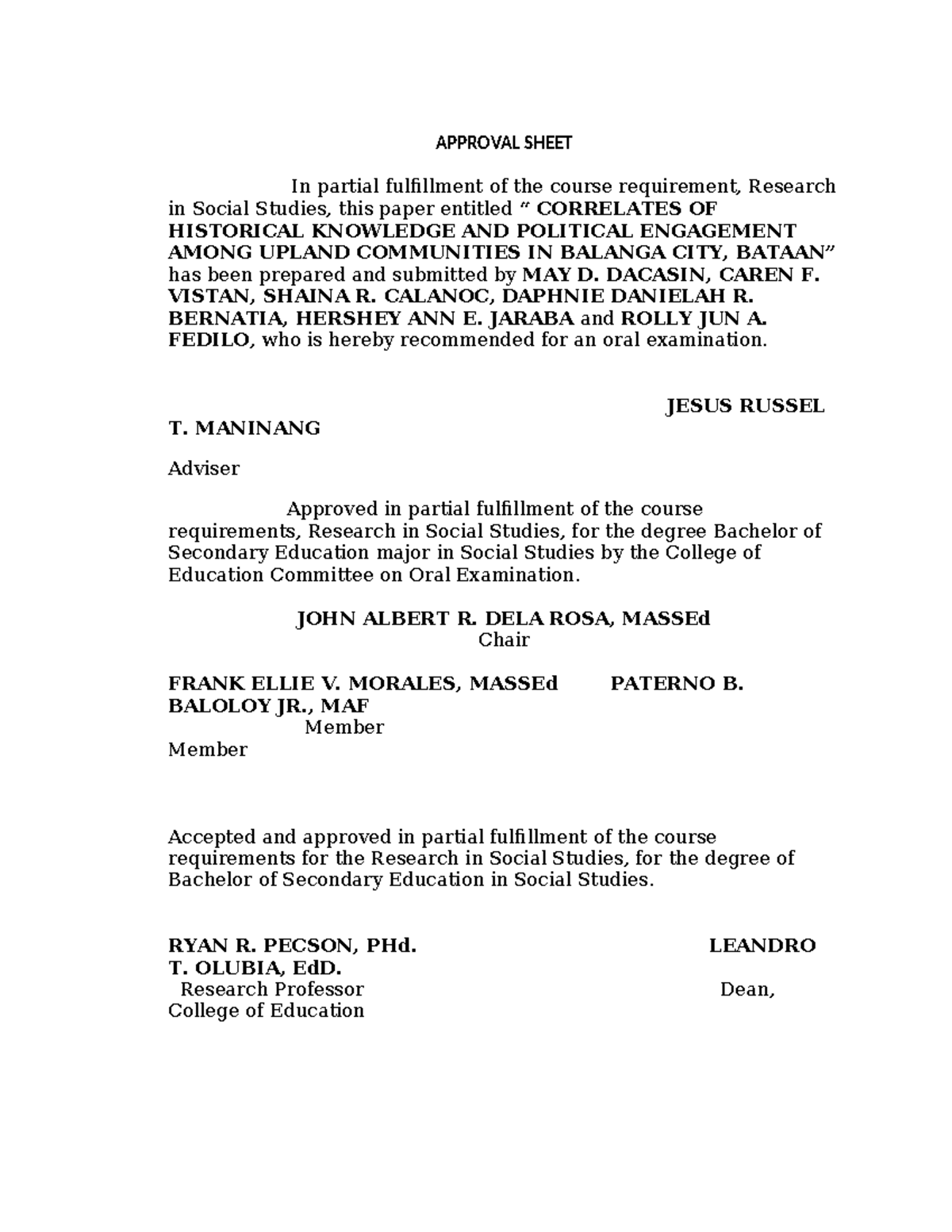 Approval Sheet - APPROVAL SHEET In partial fulfillment of the course ...